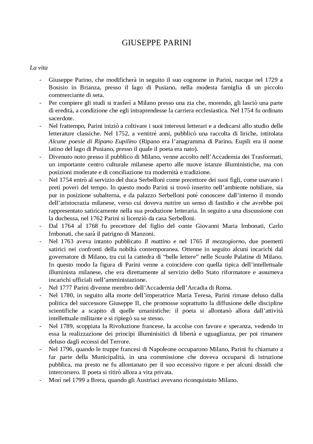 La Vita Di Giuseppe Parini Docsity