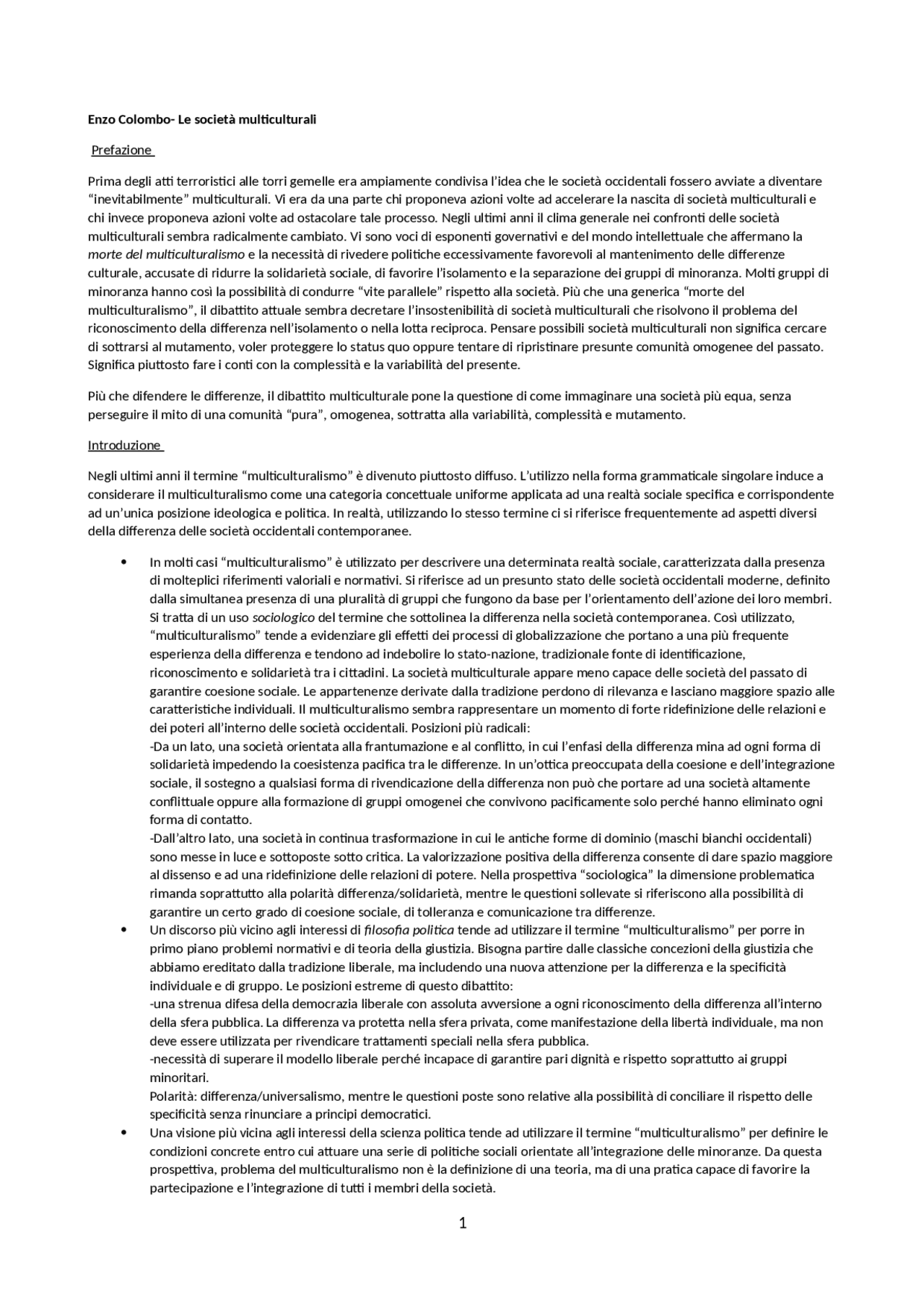 Riassunto Enzo Colombo- Le società multiculturali - Docsity
