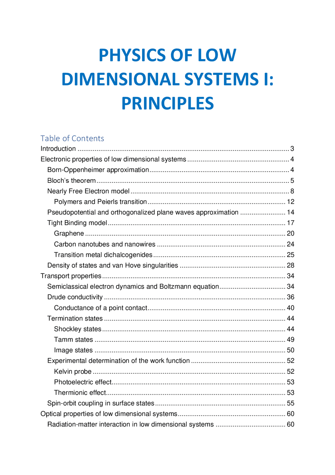 Physics of Low Dimensional Systems I: Principles - Docsity