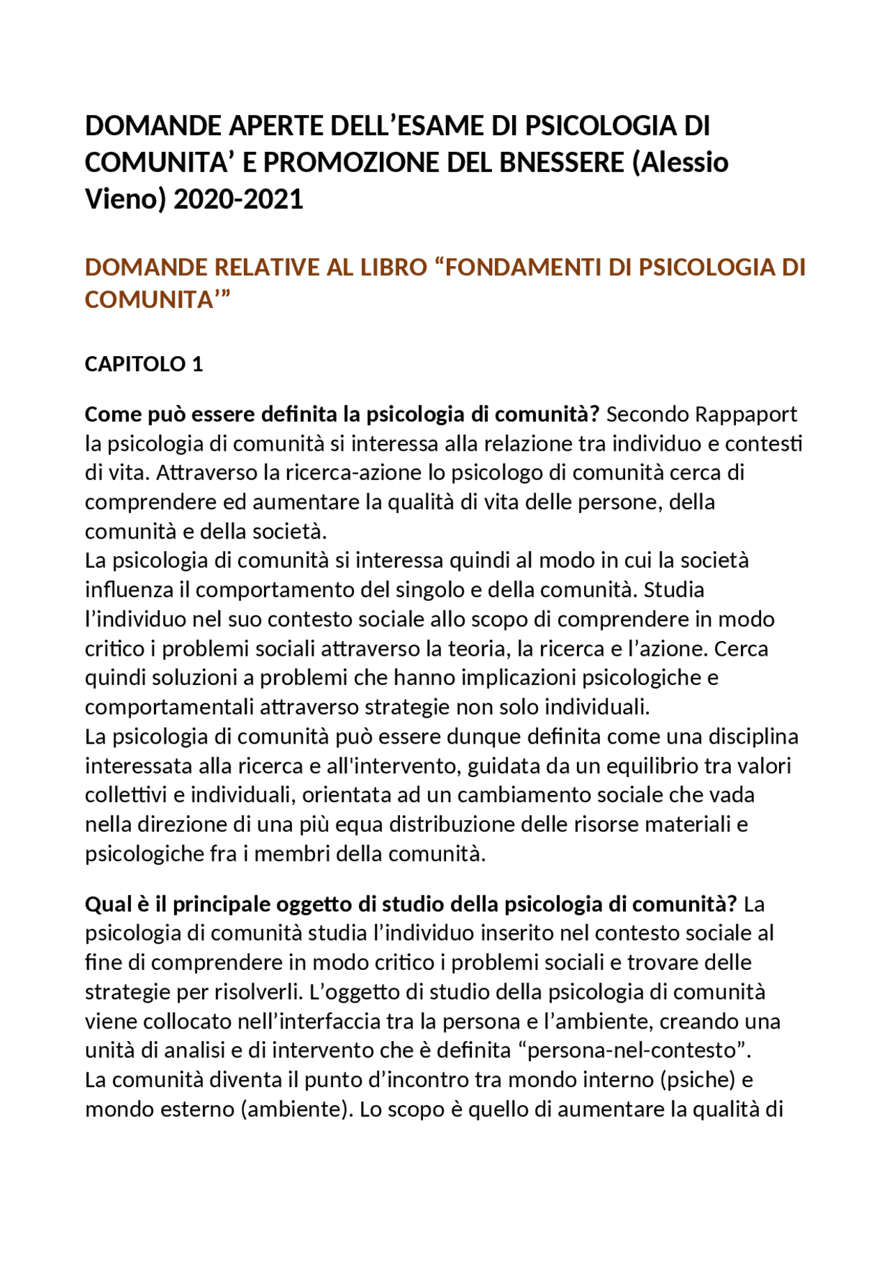 DOMANDE APERTE DELL’ESAME DI PSICOLOGIA DI COMUNITA’ E PROMOZIONE DEL ...