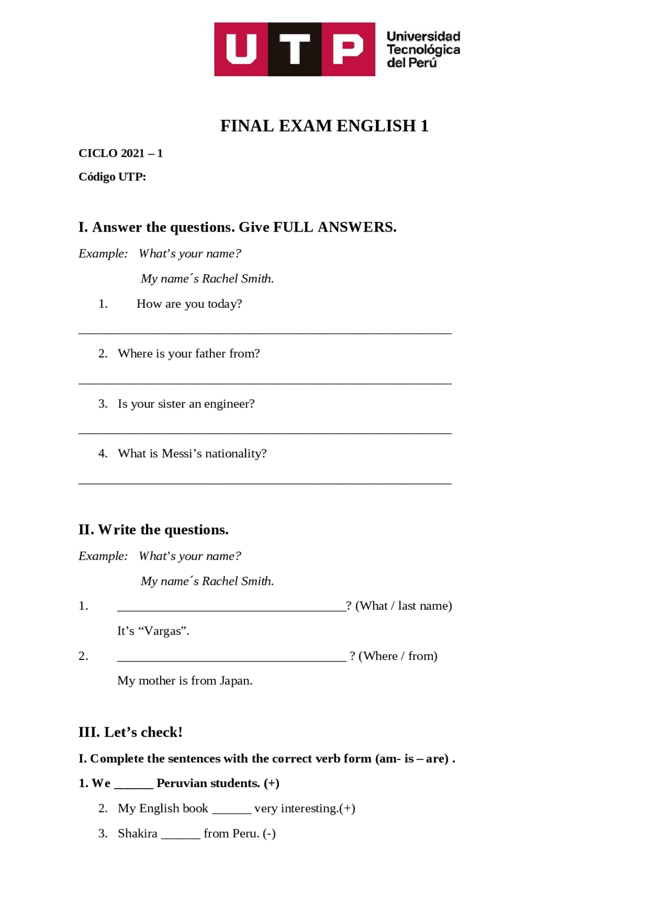 Final Exam English 1 Utp Exámenes De Idioma Inglés Docsity