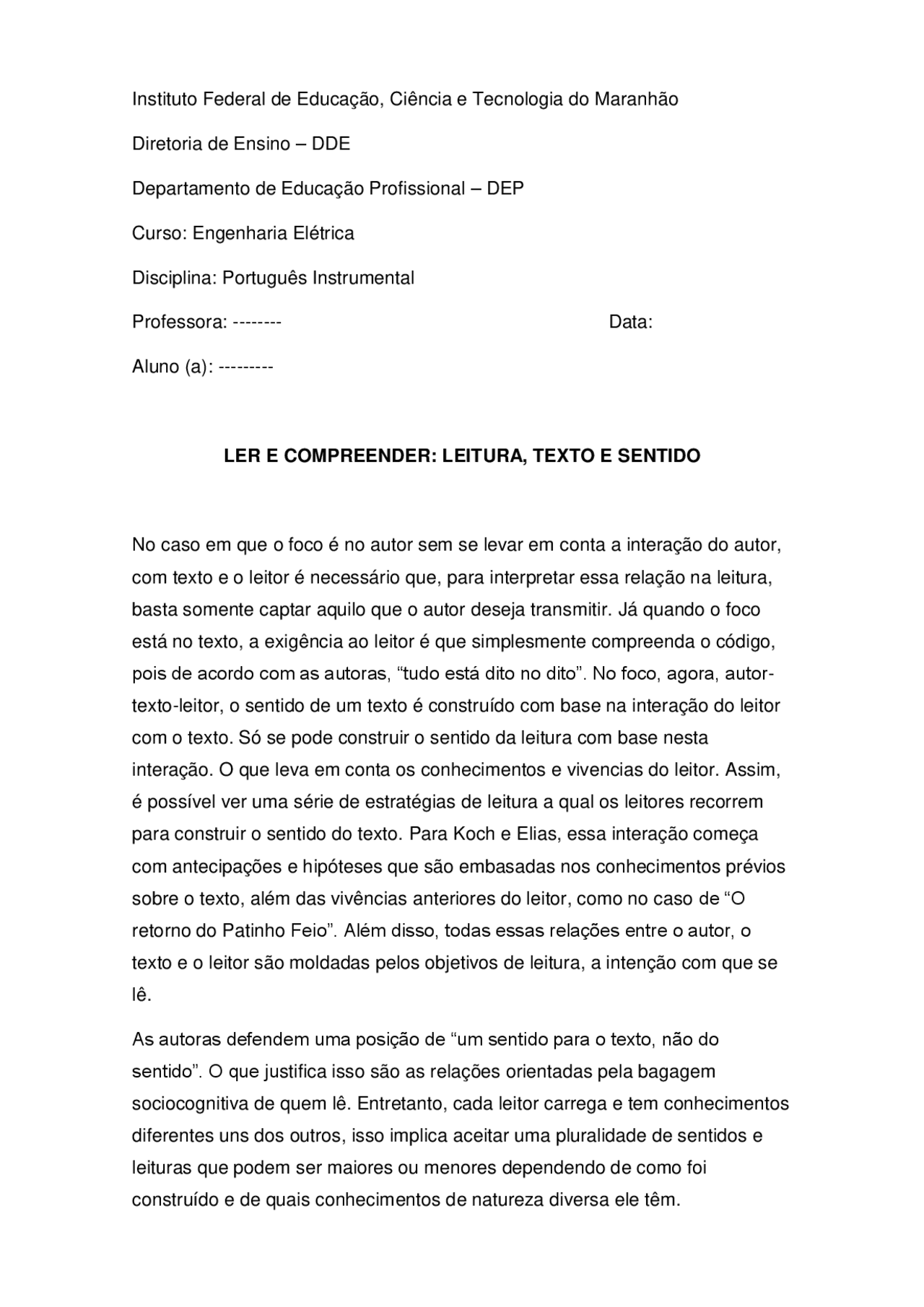 Resumo do capítulo 1 do Livro Ler e Compreender de Koch e Elias - Docsity