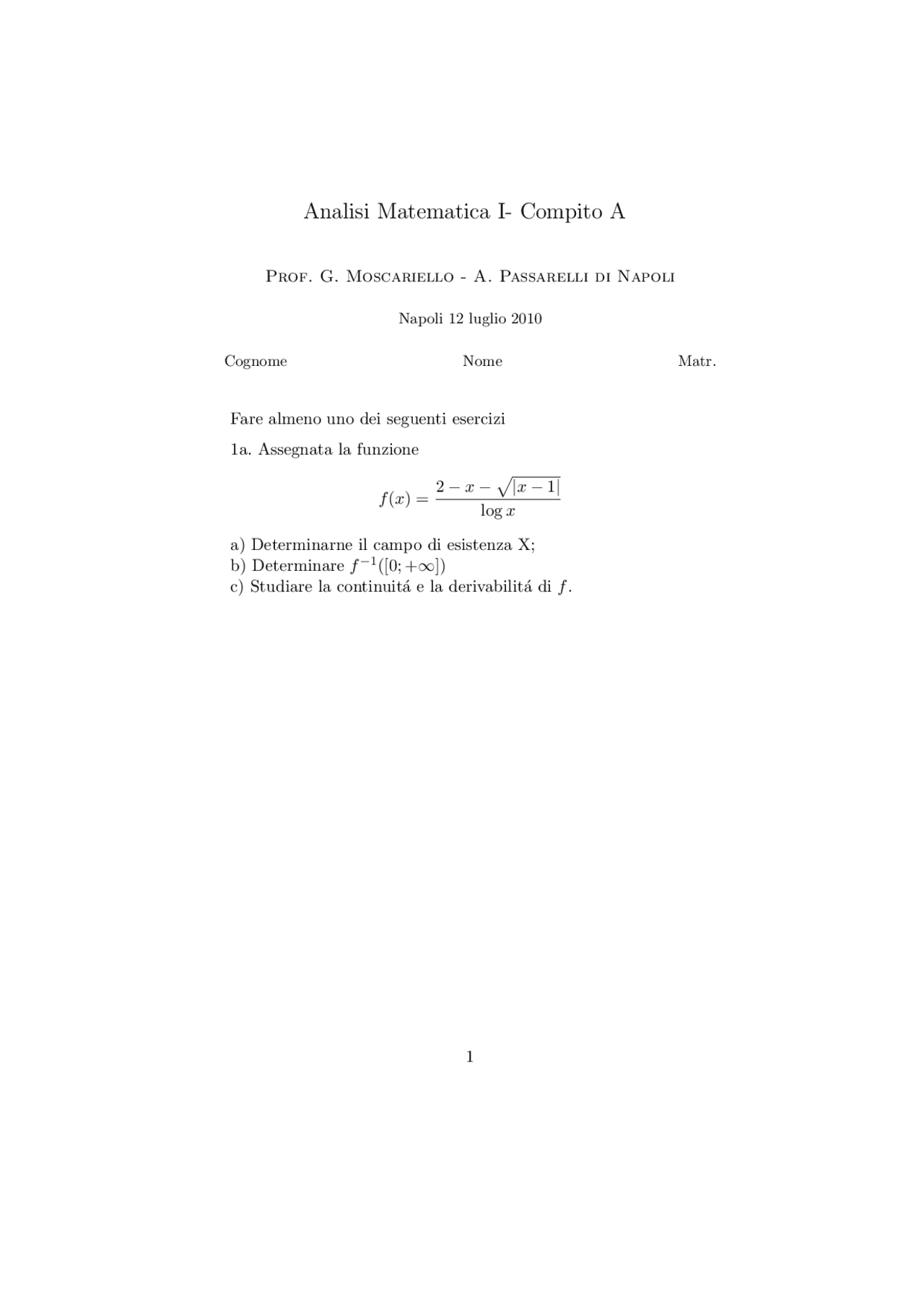 Analisi Matematica I- Compito A - Docsity