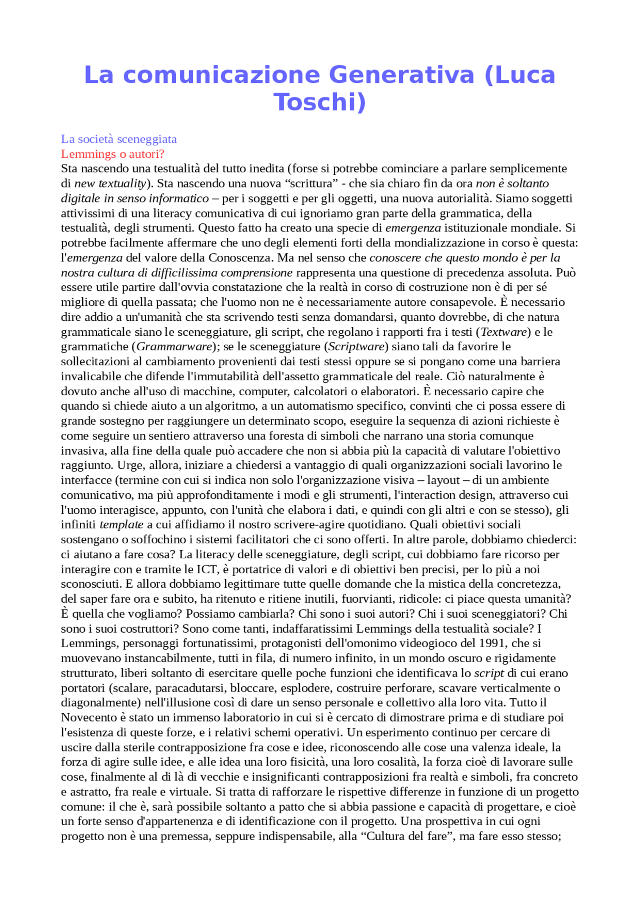 Riassunto La Comunicazione Generativa A Cura Di Luca Toschi Docsity