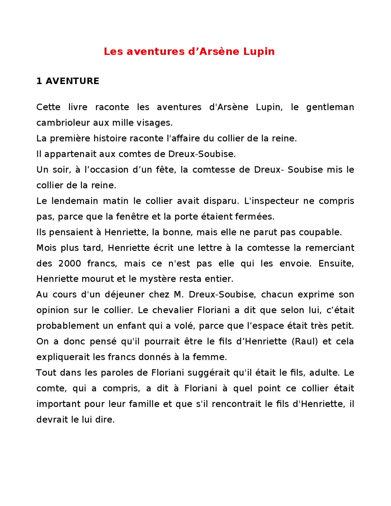 Les aventures d'Arsène Lupin - Docsity