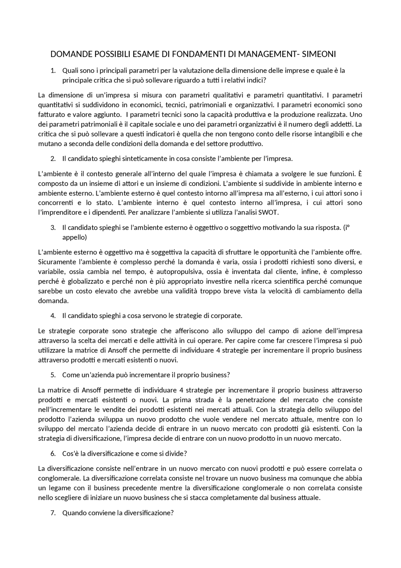 Domande Esame Management Simeoni Docsity