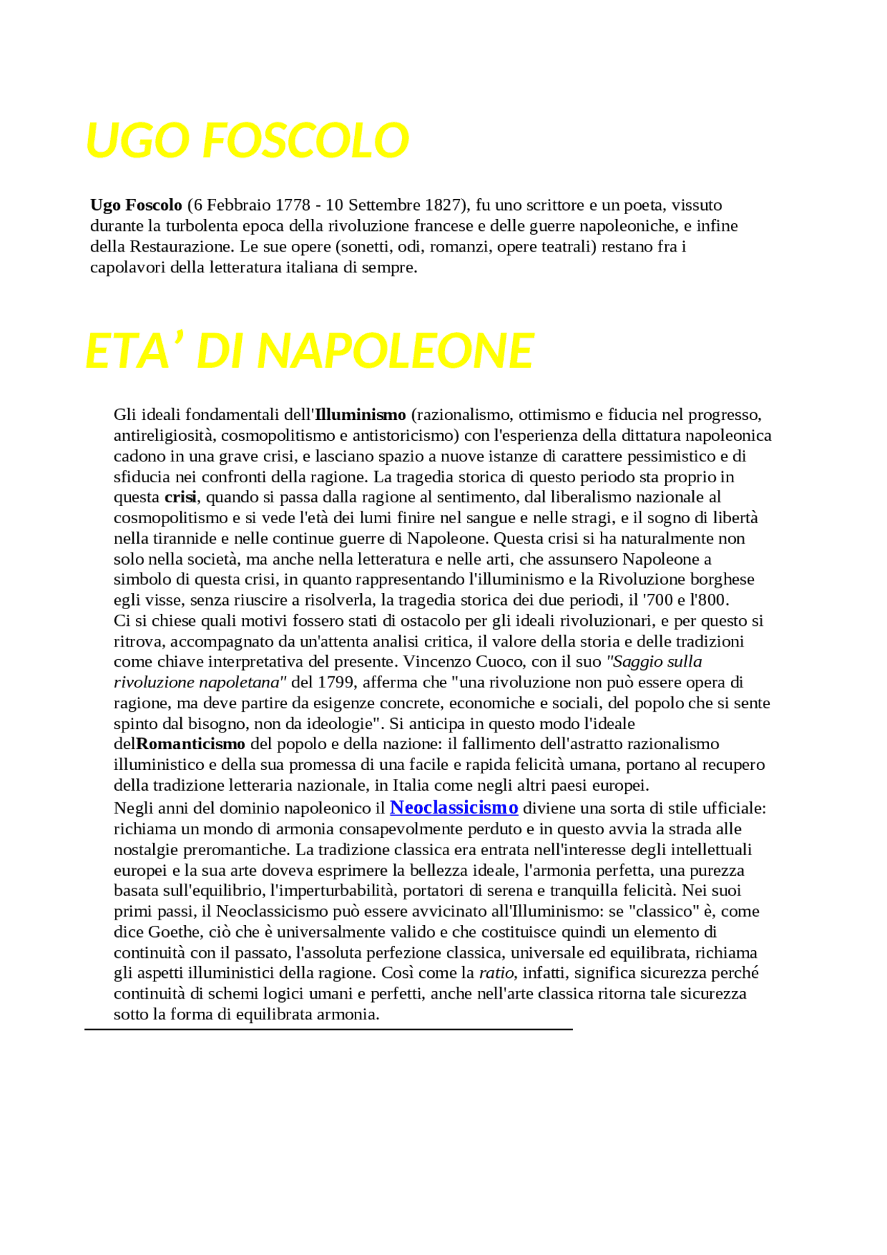 Riassunto Esaustivo Argomento Ugo Foscolo Docsity