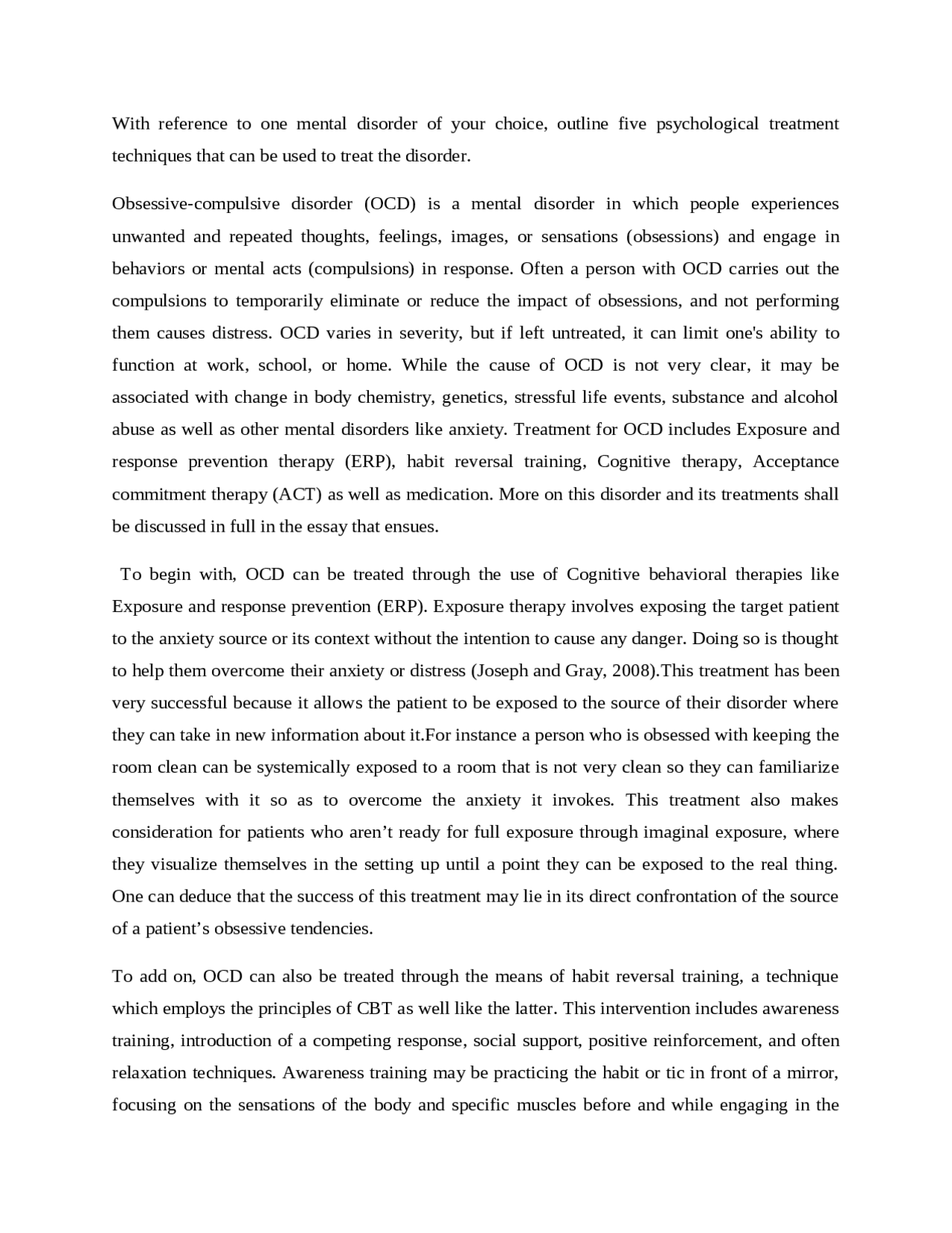 Treatments commonly used for OCD - Docsity