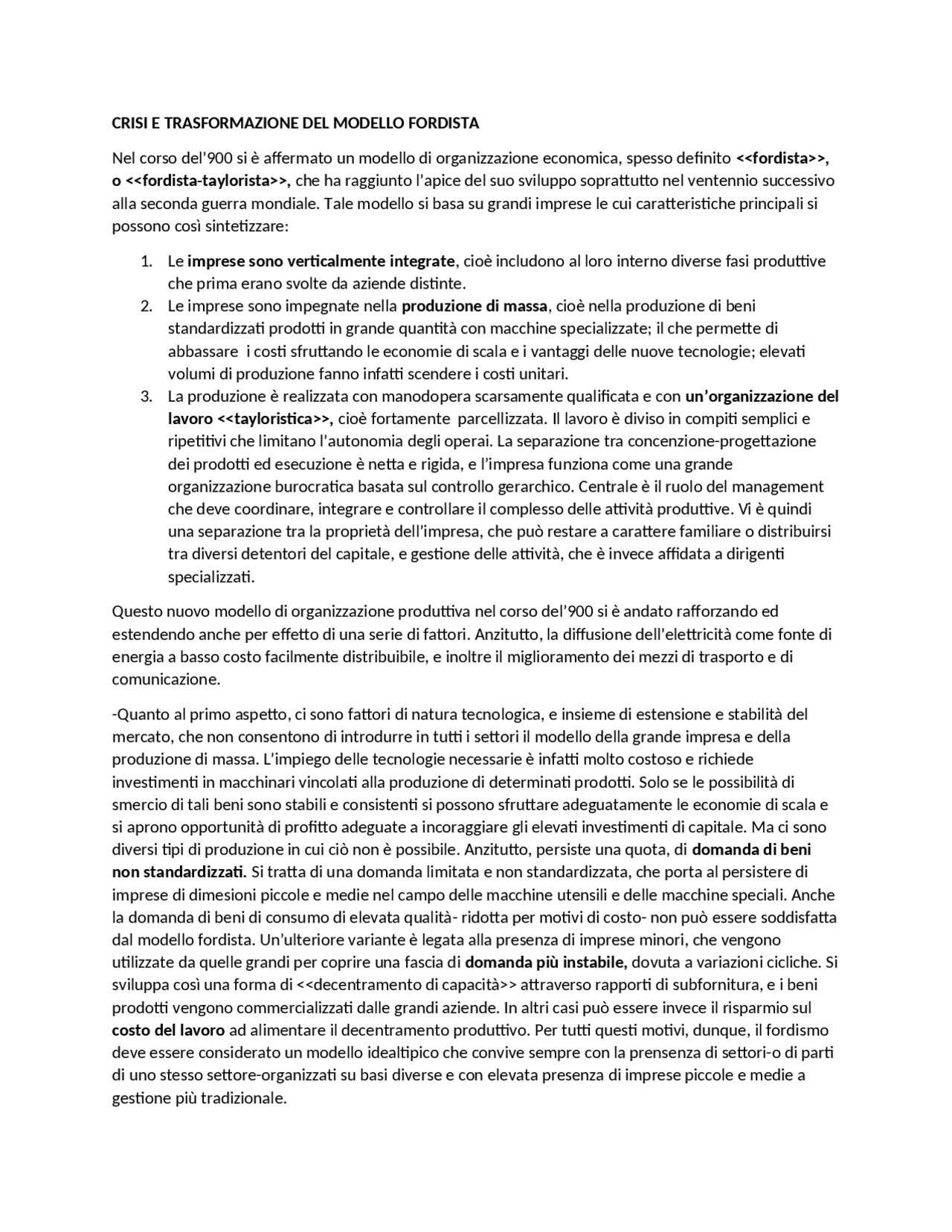 Crisi e trasformazione del modello fordista - Docsity