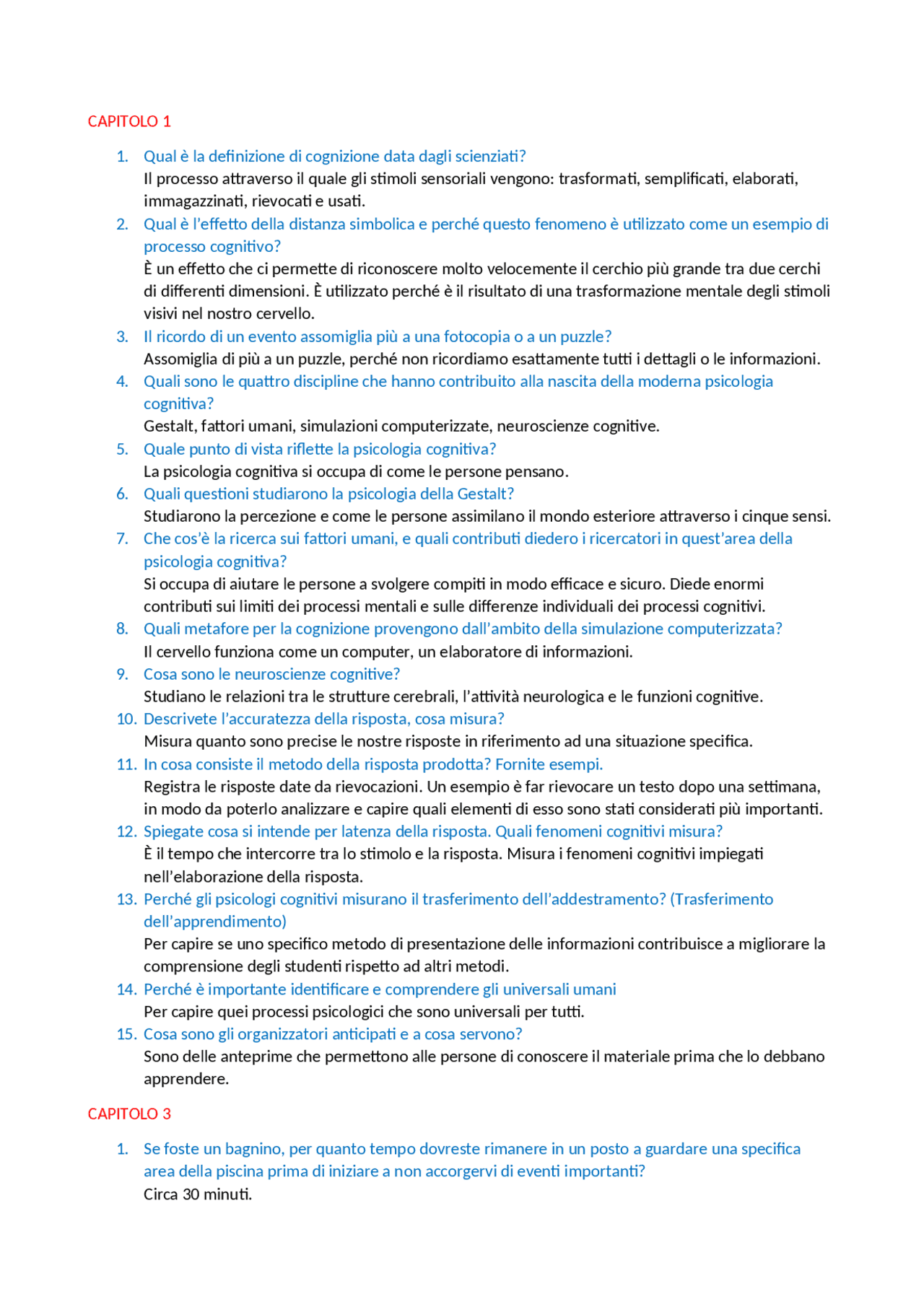 Risposte Domande Di Pace Psicologia Dei Processi Cognitivi Docsity