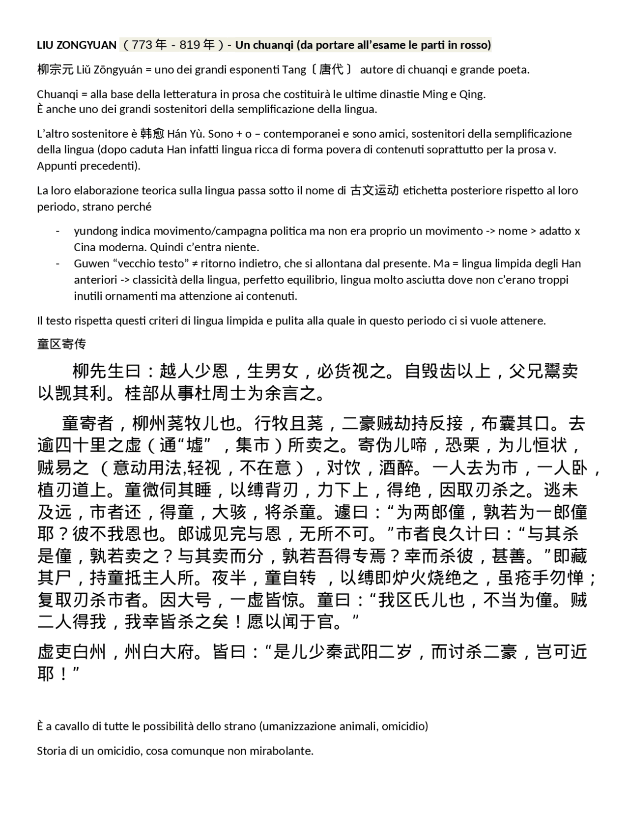 Analisi e traduzione del chuanqi di Liu Zongyuan - Docsity