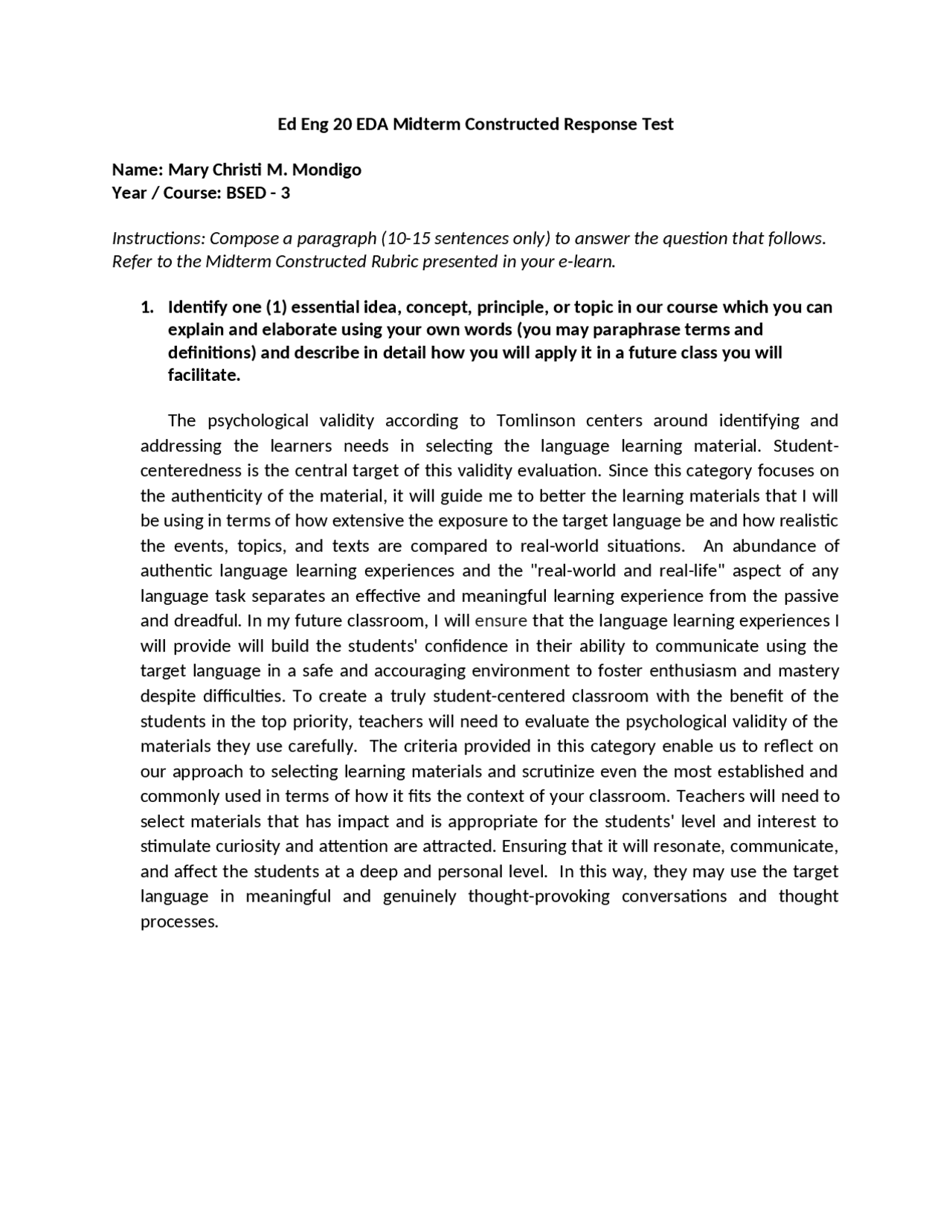 Constructed Response - Docsity