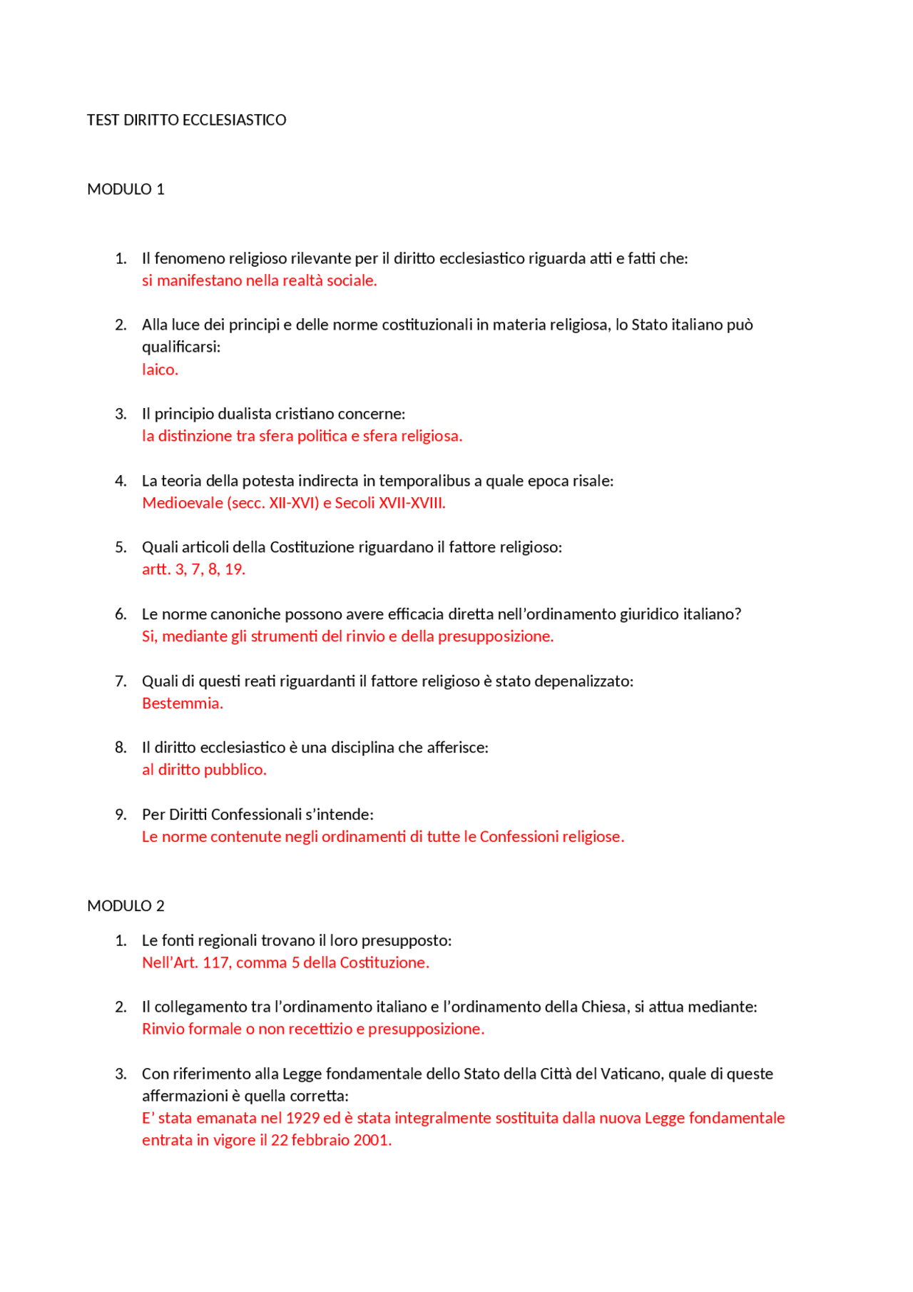 Test Di Autovalutazione Di Diritto Ecclesiastico Unicusano Docsity