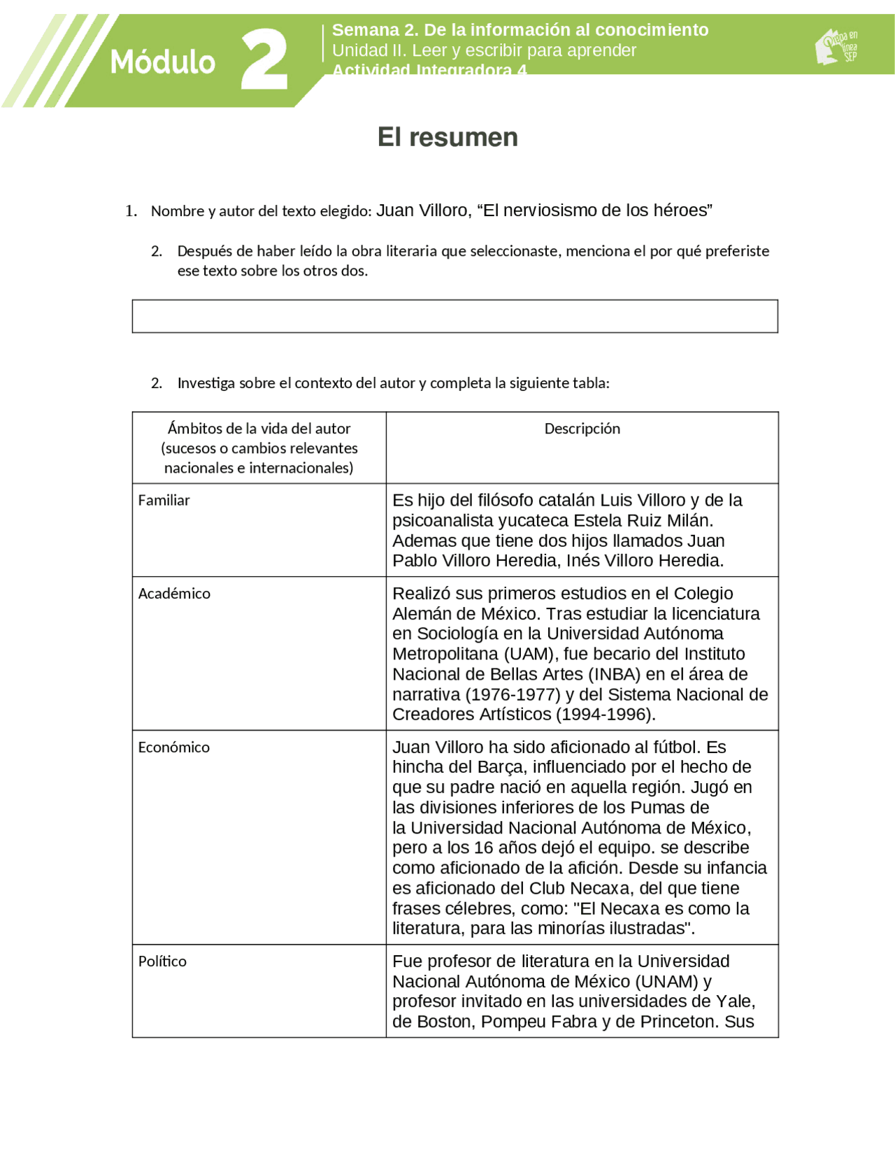 Actividad integradora 4, modulo 2, semana 2 | Apuntes de Lengua y ...