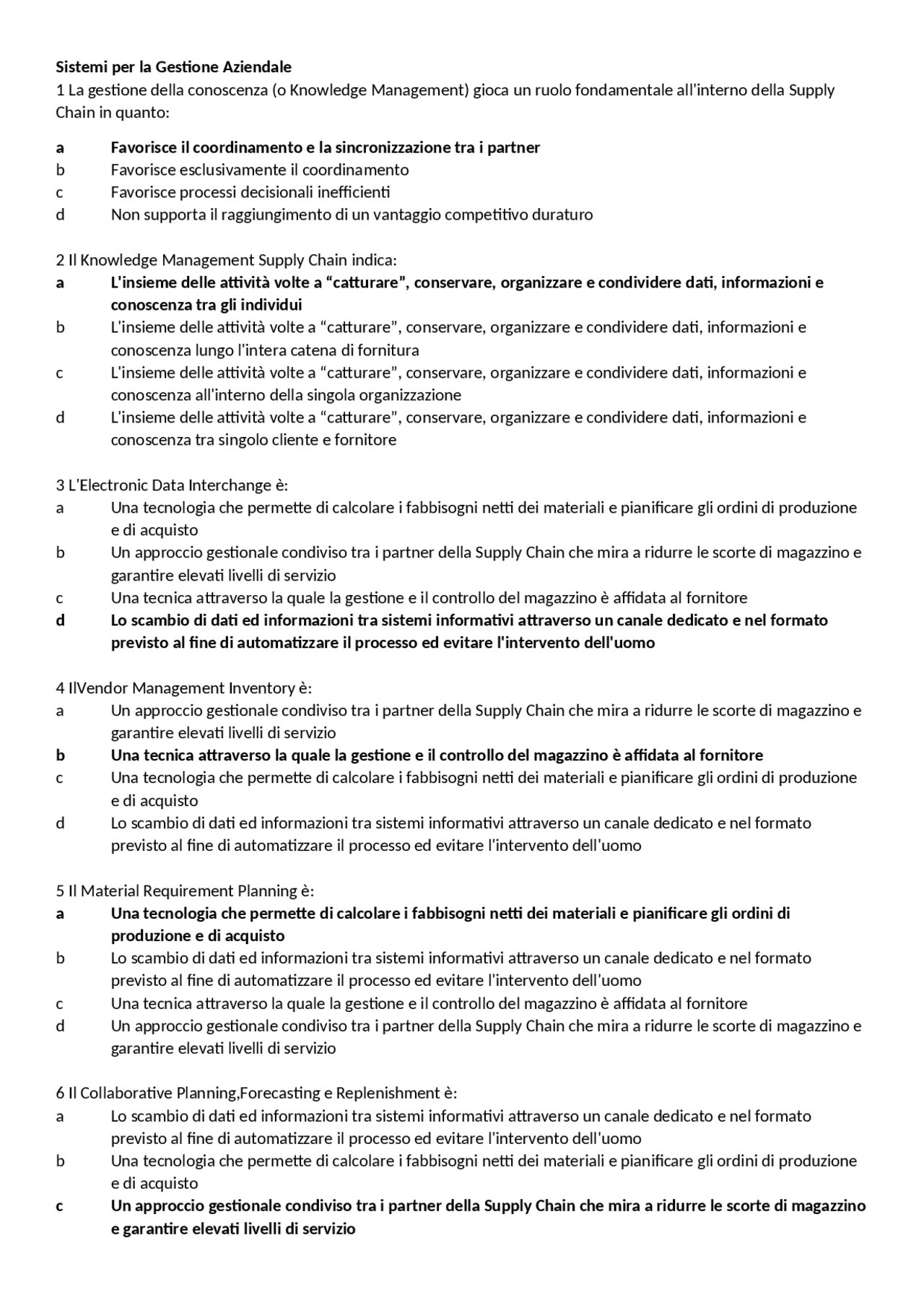 Test Fine Lezione Sistemi Per La Gestione Aziendale Docsity