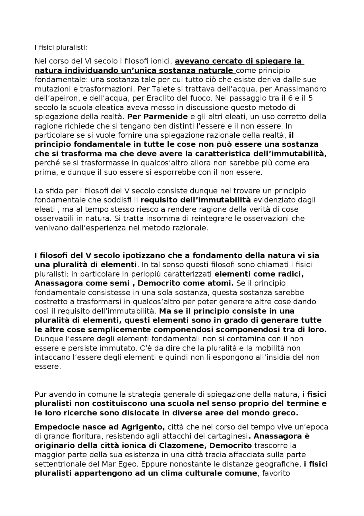 I Fisici Pluralisti Con Exursus Fisici Ionici Docsity