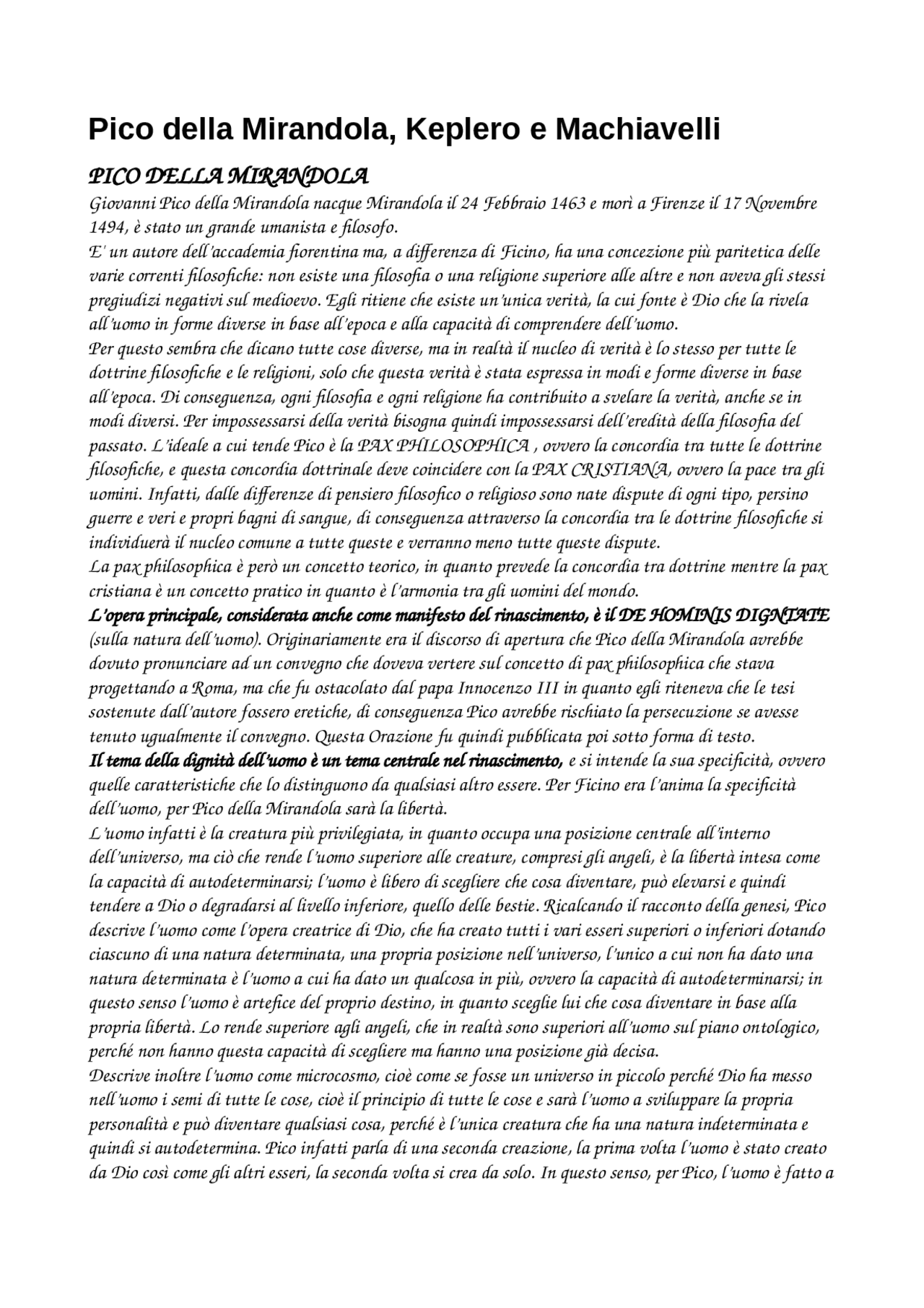 Pico Della Mirandola Keplero E Machiavelli Docsity