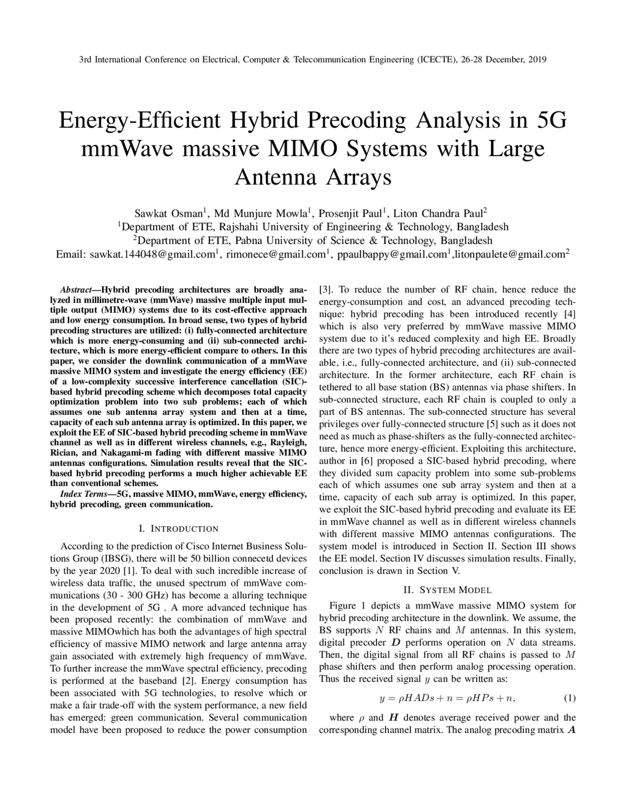 Energy Efficient Hybrid Precoding Analysis In 5g Mmwave Massive Mimo