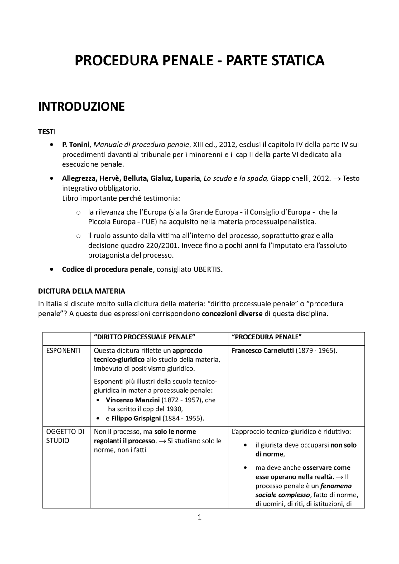 Procedura penale - statica - Docsity