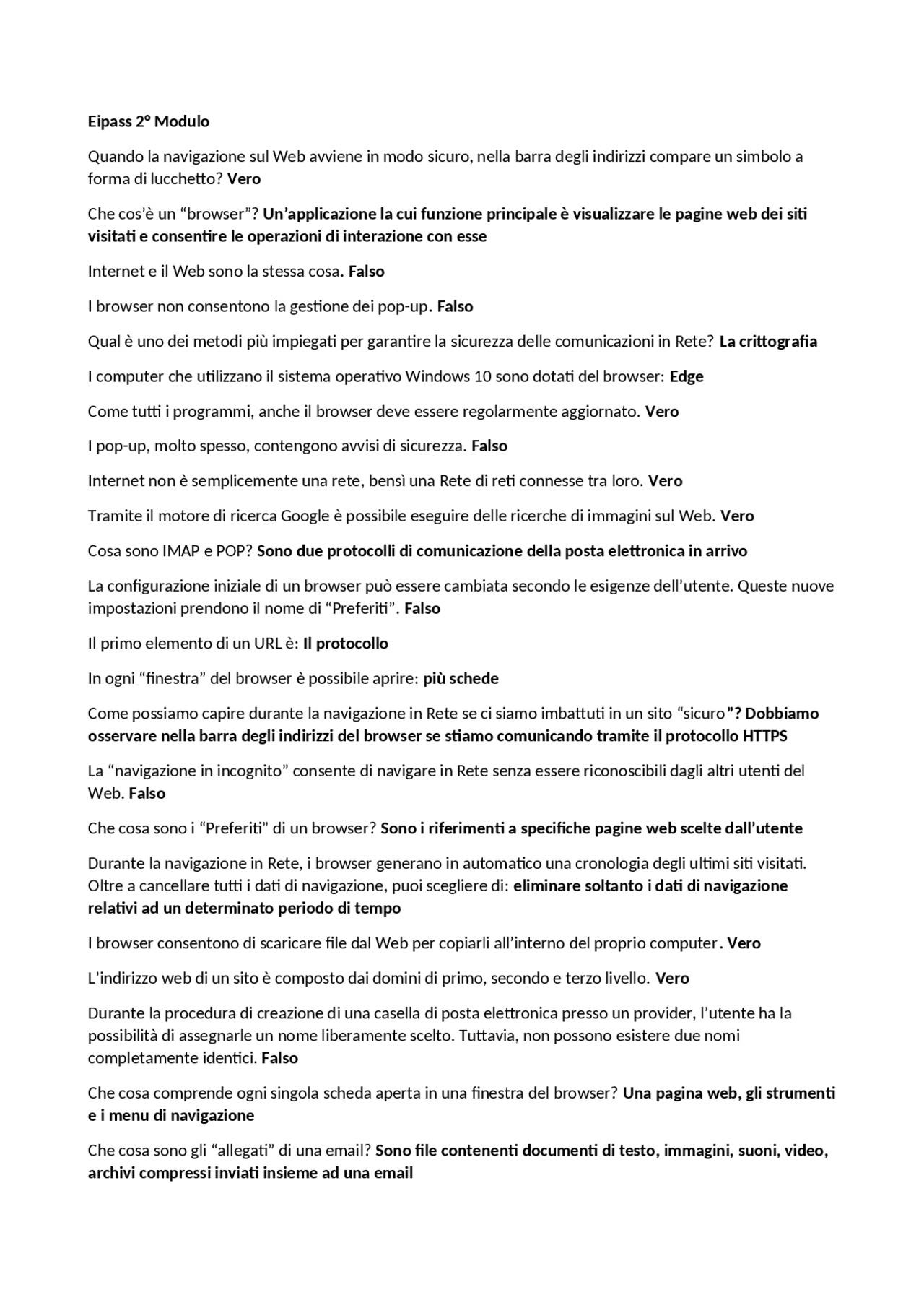 Domande e risposte EIPASS 2 modulo | Appunti di Informatica gestionale | Docsity