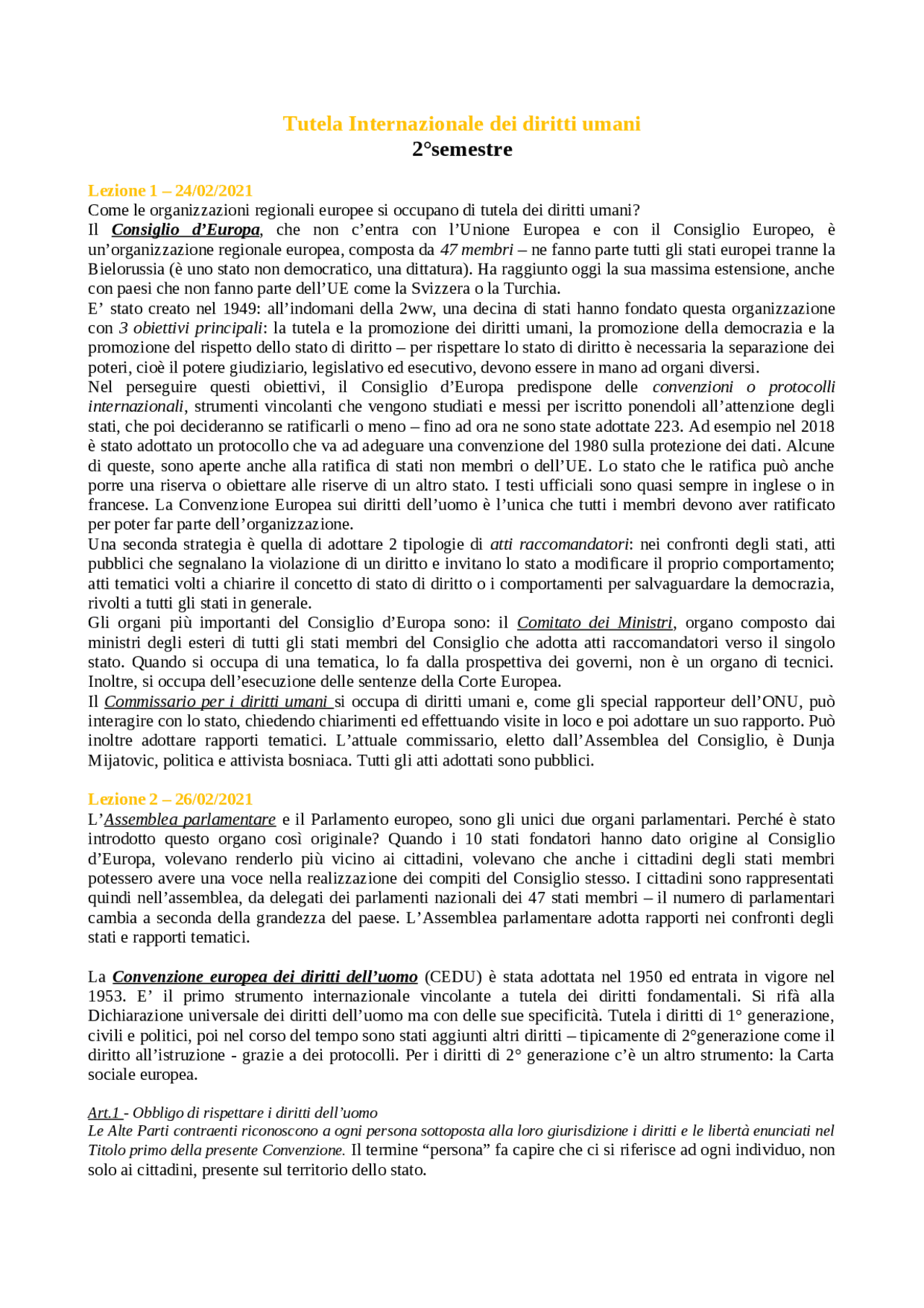 Appunti Tutela Dei Diritti Umani Docsity