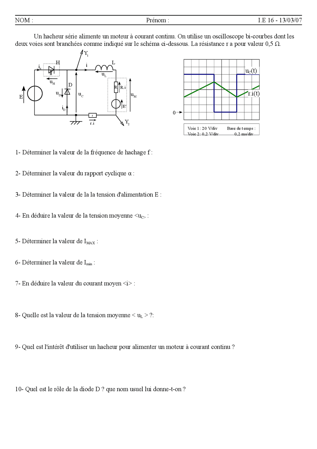 Analyse d'un circuit électrique avec hacheur et moteur continu - Prof. Achraf | Exercises ...