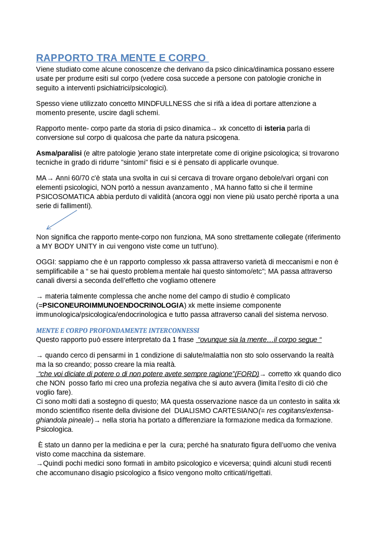 Rapporto Tra Mente E Corpo Appunti Di Psicologia Dinamica Docsity