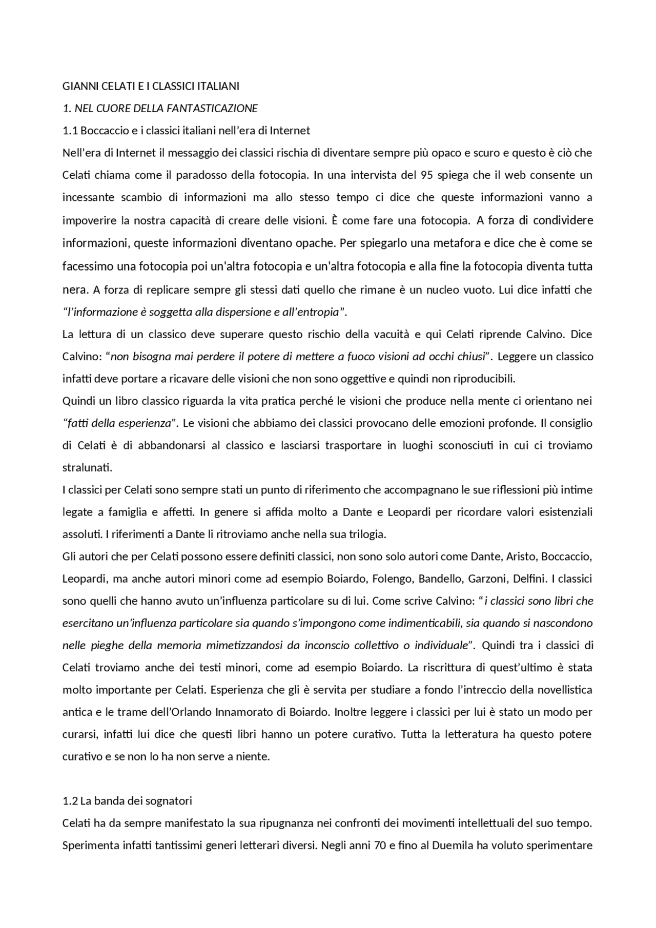 Gianni Celati E I Classici Italiani Docsity