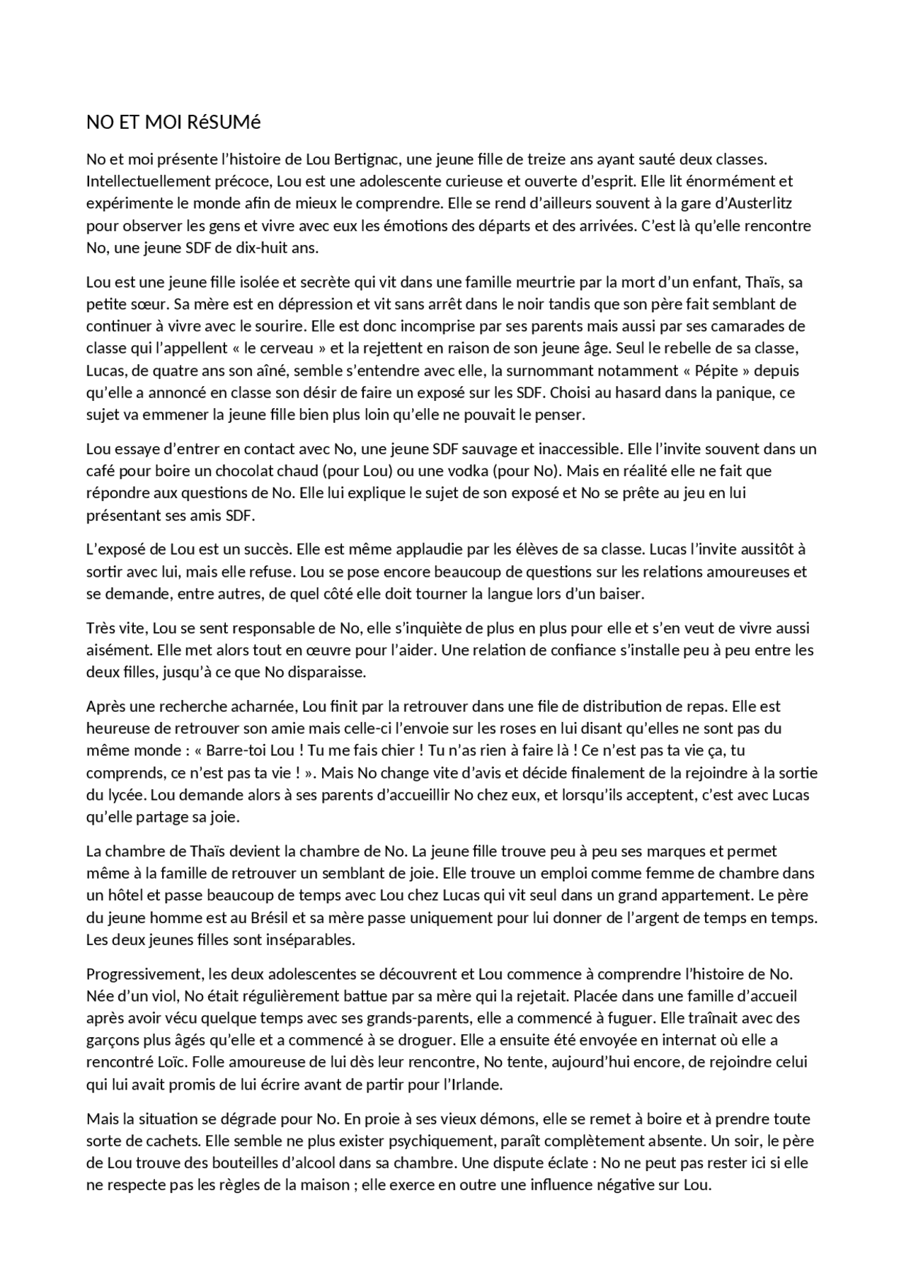 No et moi - Delphine de Vigan (résumé) - Docsity