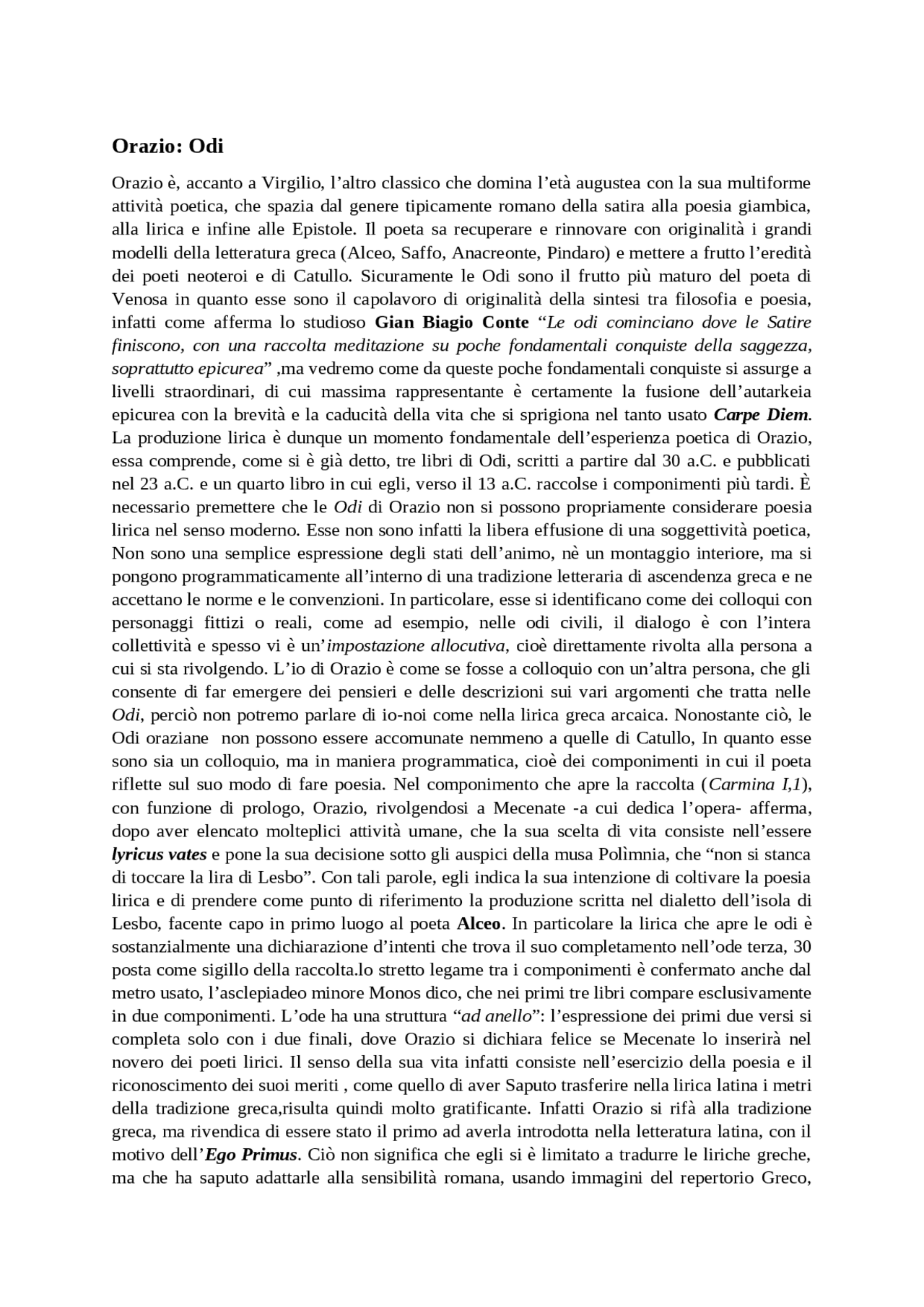 Orazio Le Odi con approfondimenti - Docsity