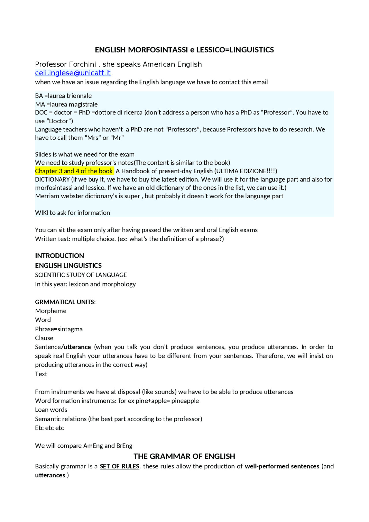 Appunti Morfosintassi Inglese Docsity