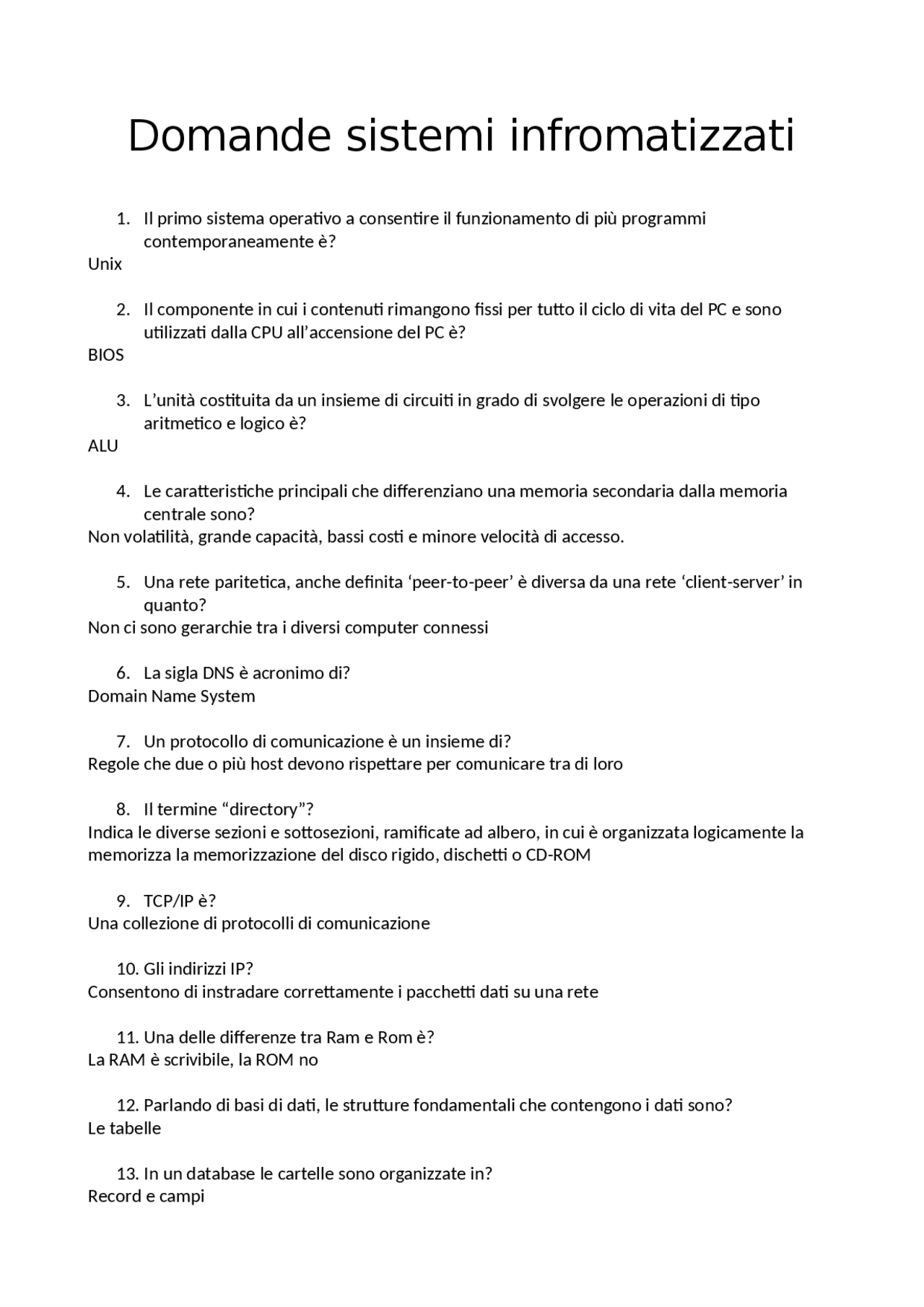 Domande Esame Sistemi Informatizzati Docsity