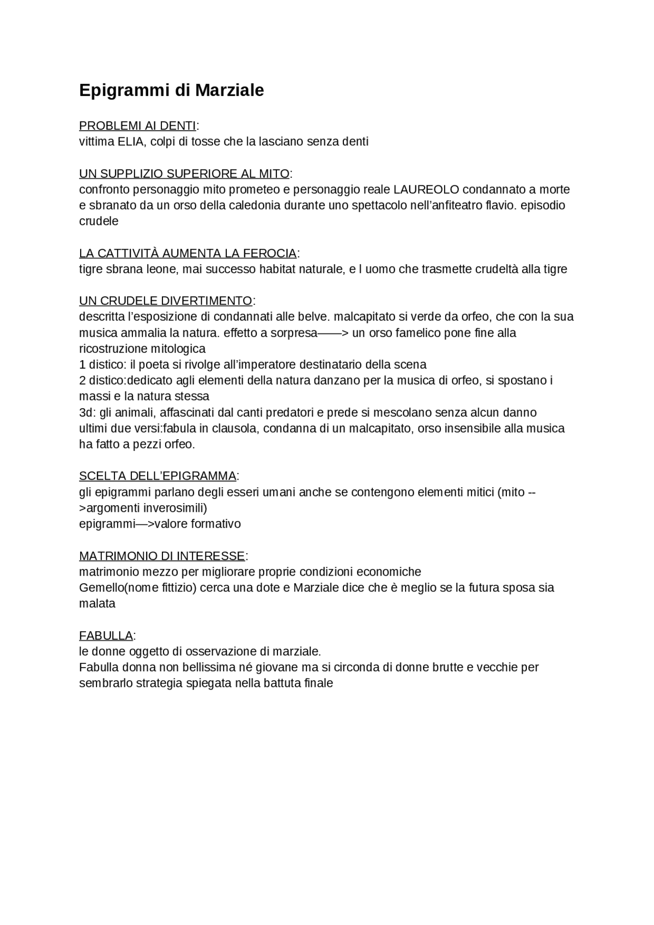 Riassunto di alcuni epigrammi di Marziale - Docsity