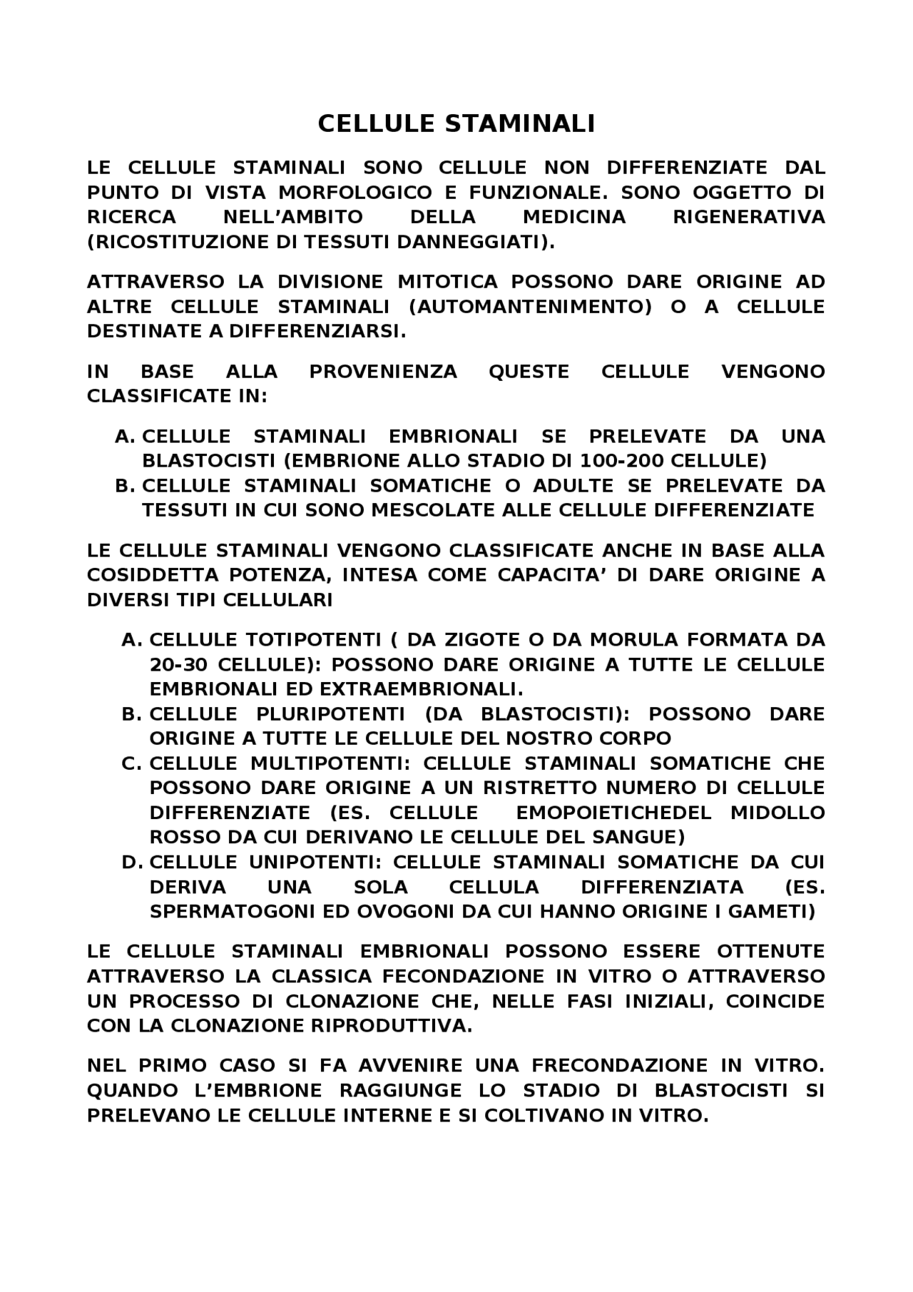 Cellule Staminali Riassunto Docsity