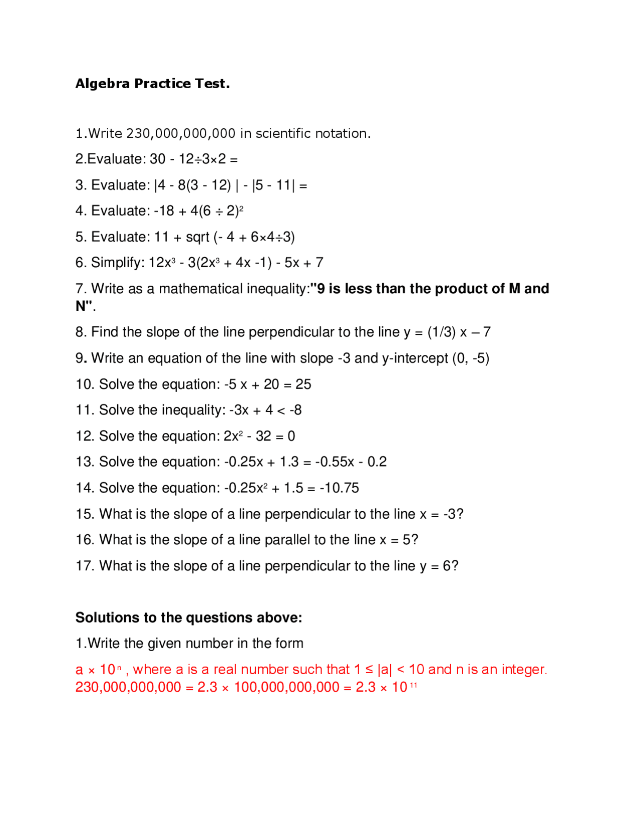 Alegbra quiz with answers - Docsity