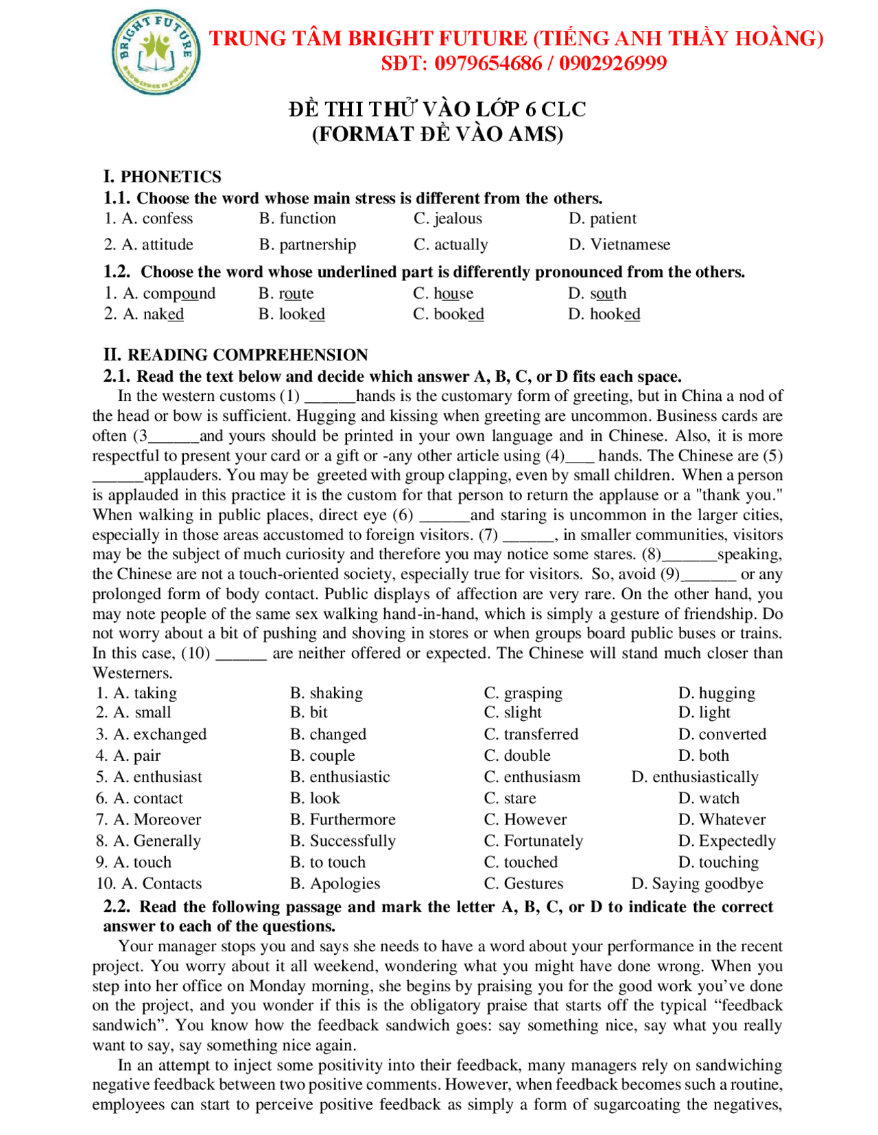 English test for high school | Exams English | Docsity
