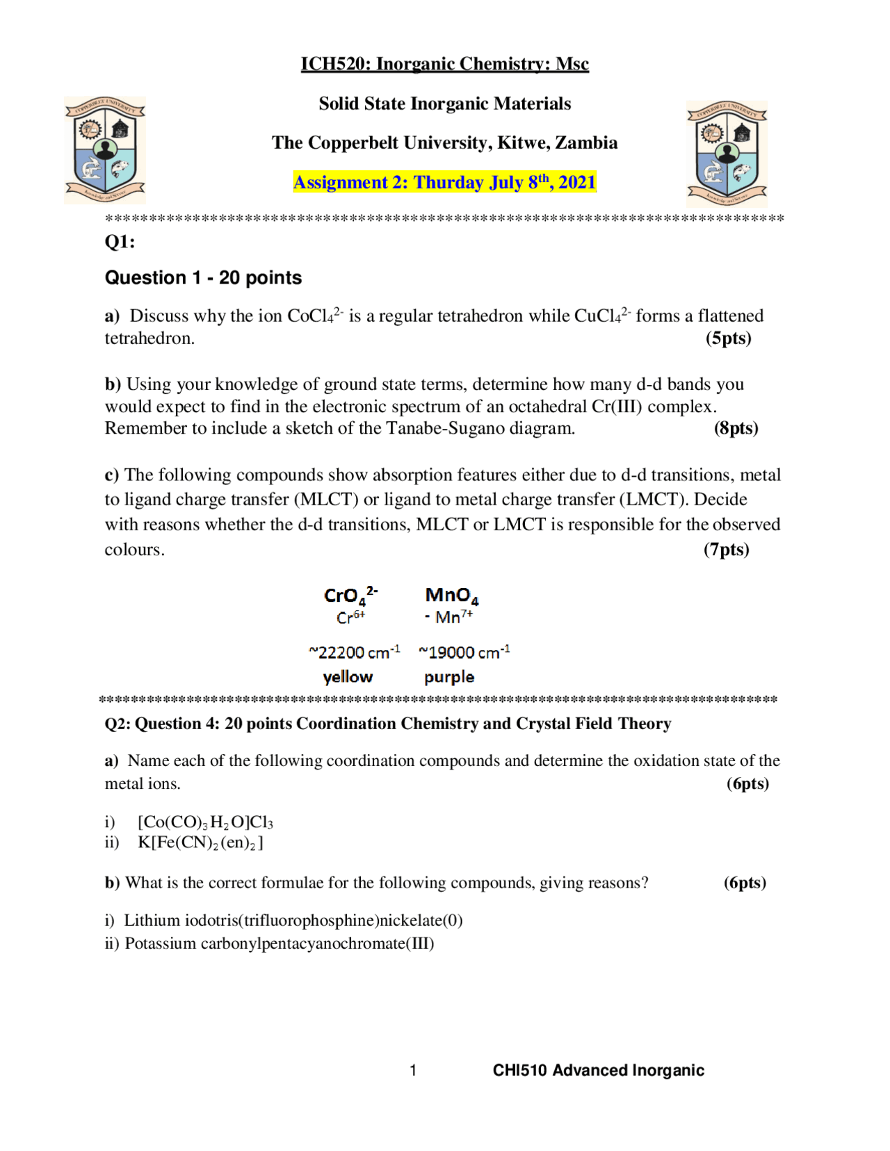 Coordination Complexes Questions And Answers Assignments Inorganic