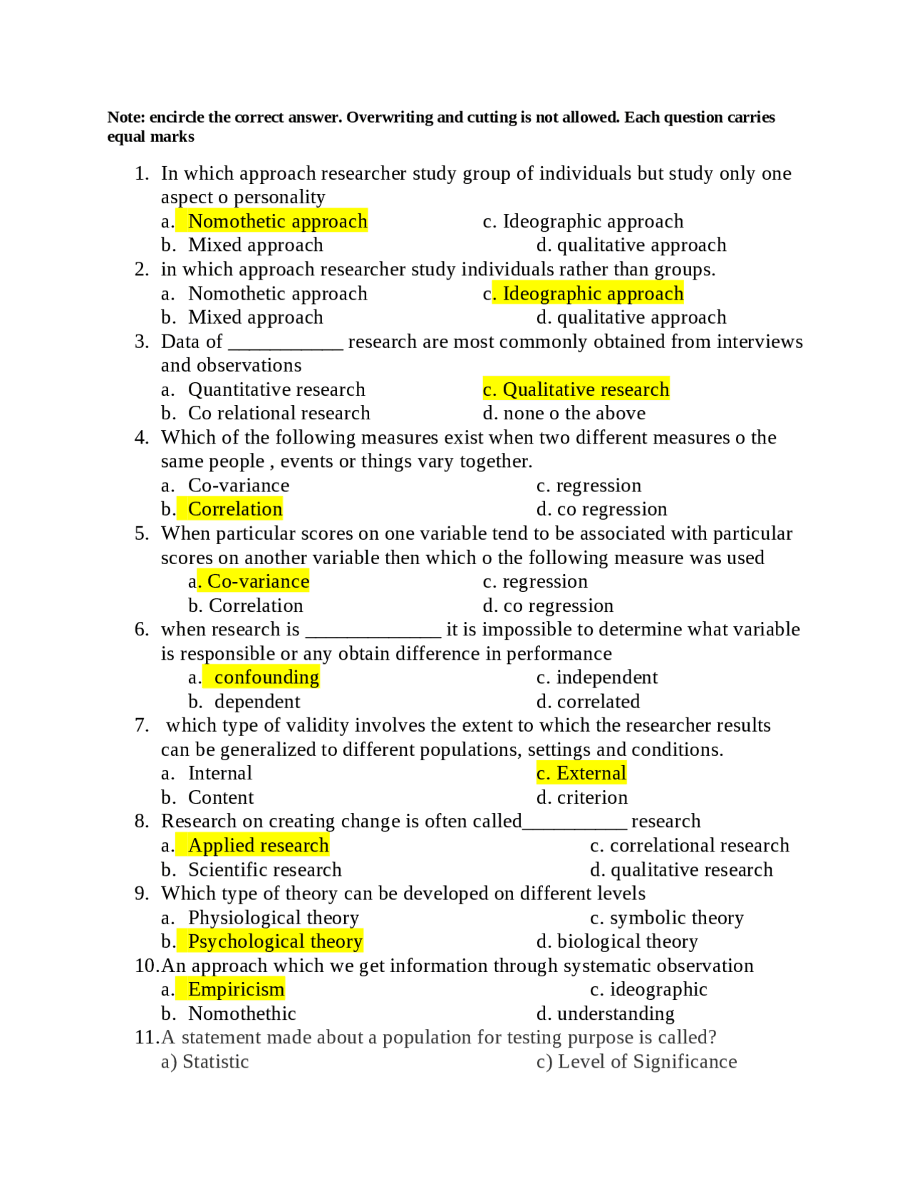 Research Methods I Mcqs Docsity