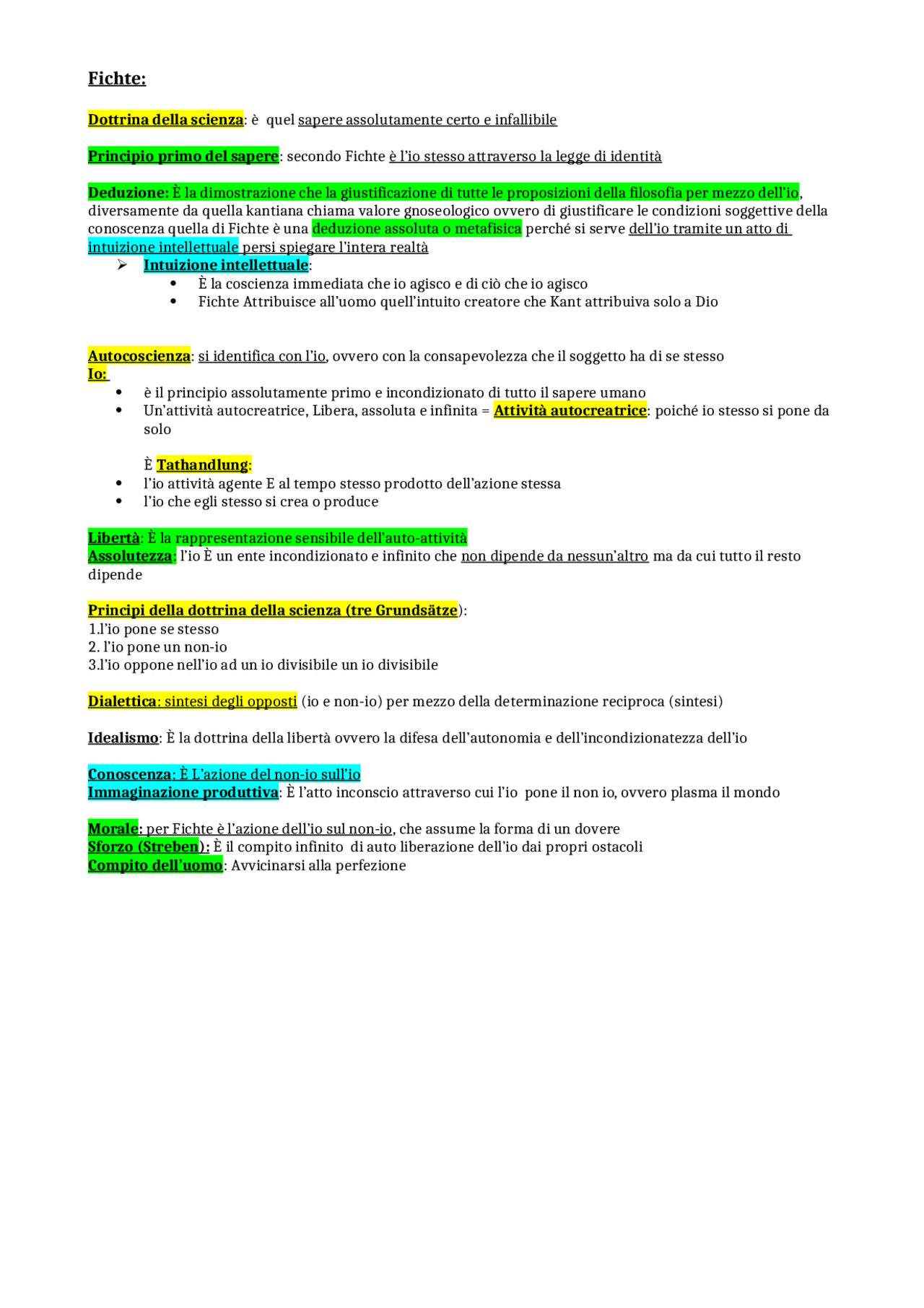 Fichte Appunti Di Filosofia 5 Superiore Liceo Classico Docsity