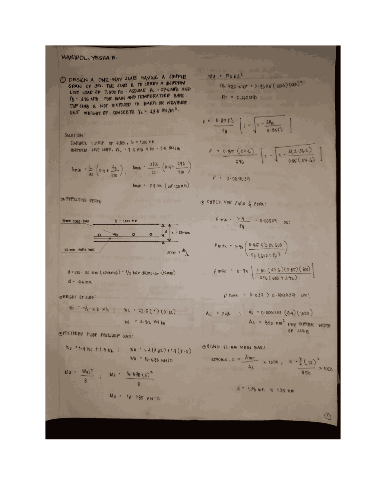 ONE-WAY SLAB PROBLEMS WITH SOLUTIONS | Assignments Reinforced Concrete Design | Docsity