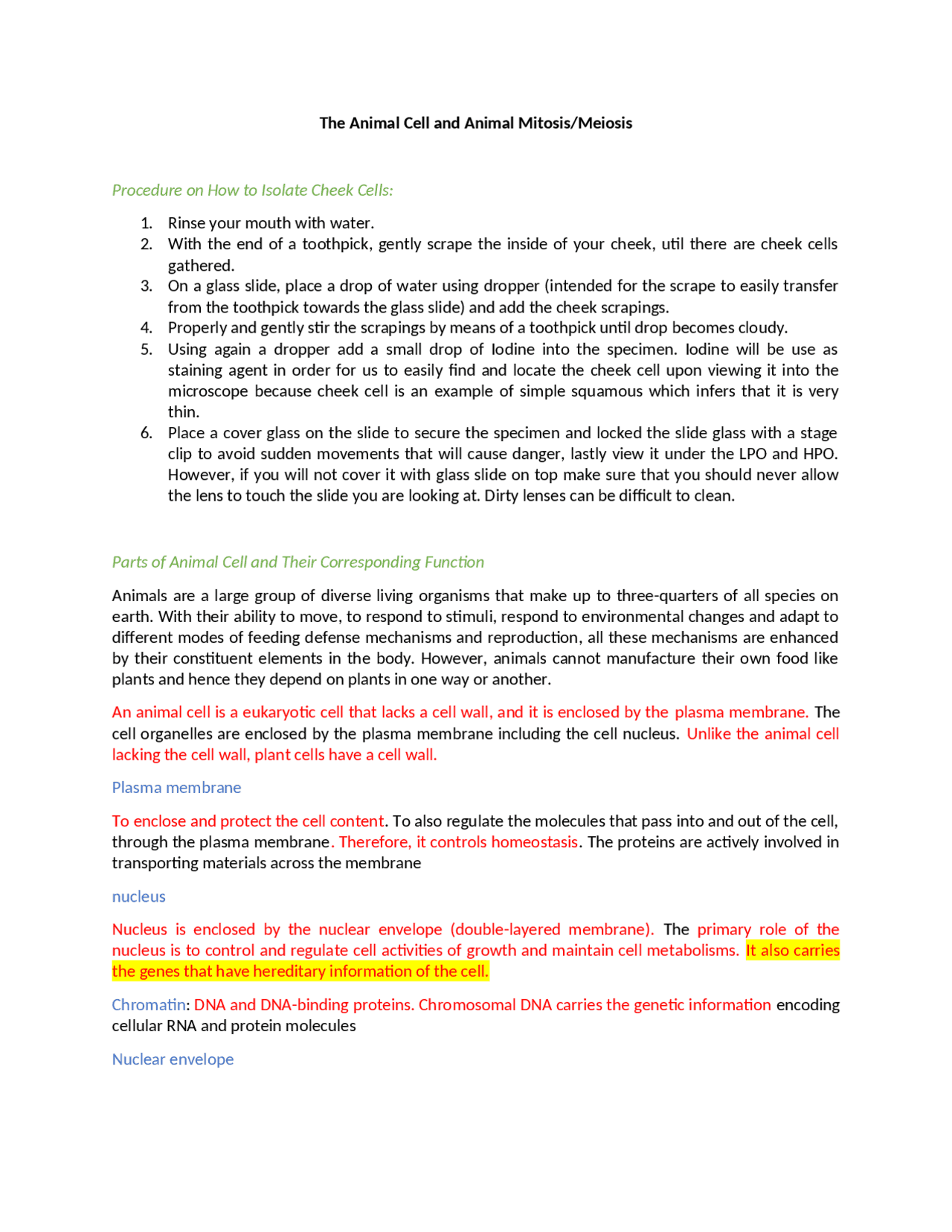 Animal Cell and its function | Assignments Earth science | Docsity