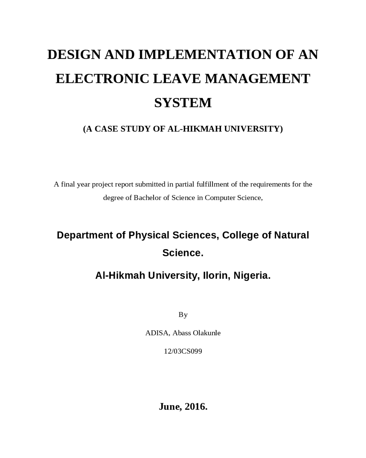 DESIGN AND IMPLEMENTATION OF AN ELECTRONIC LEAVE MANAGEMENT SYSTEM ...