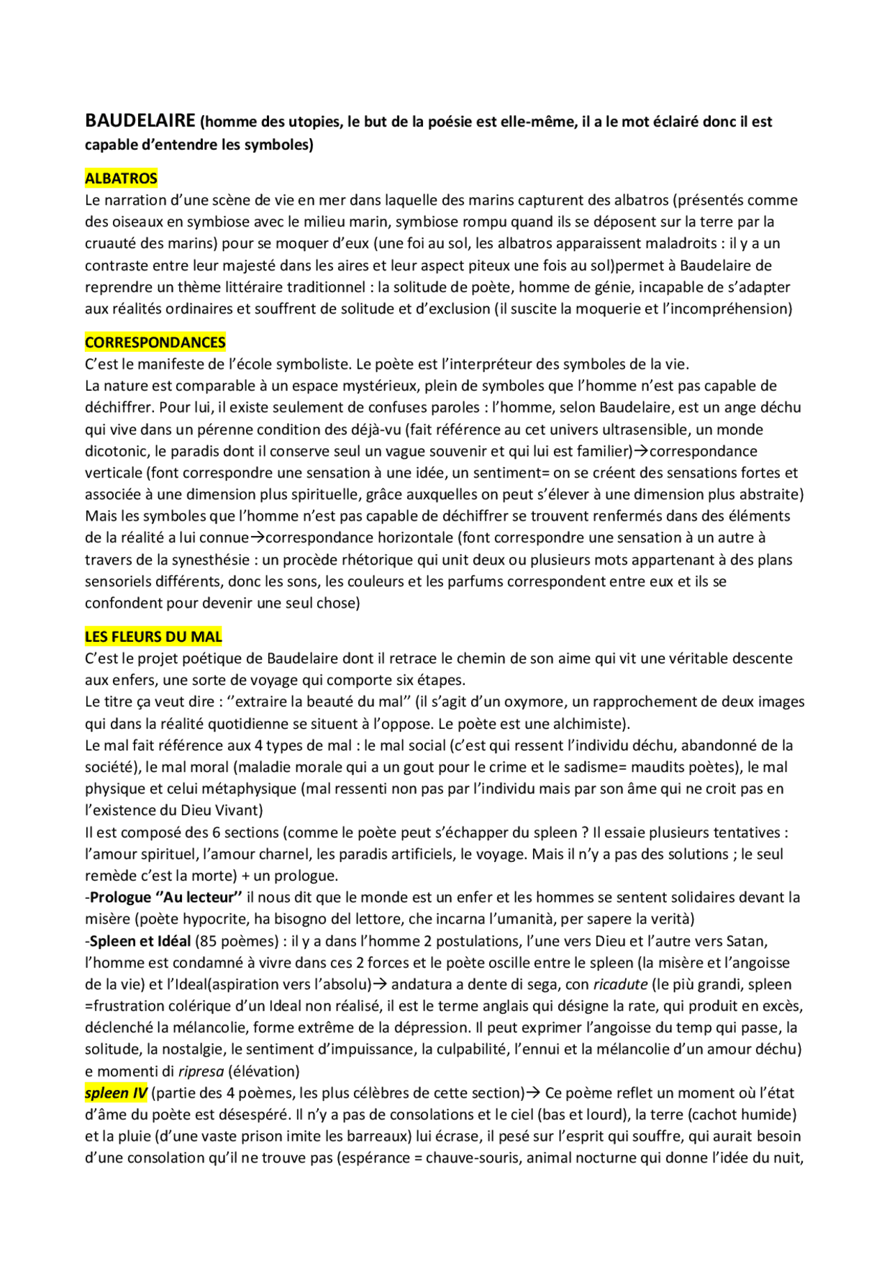 Baudelaire Letteratura In Francese Docsity