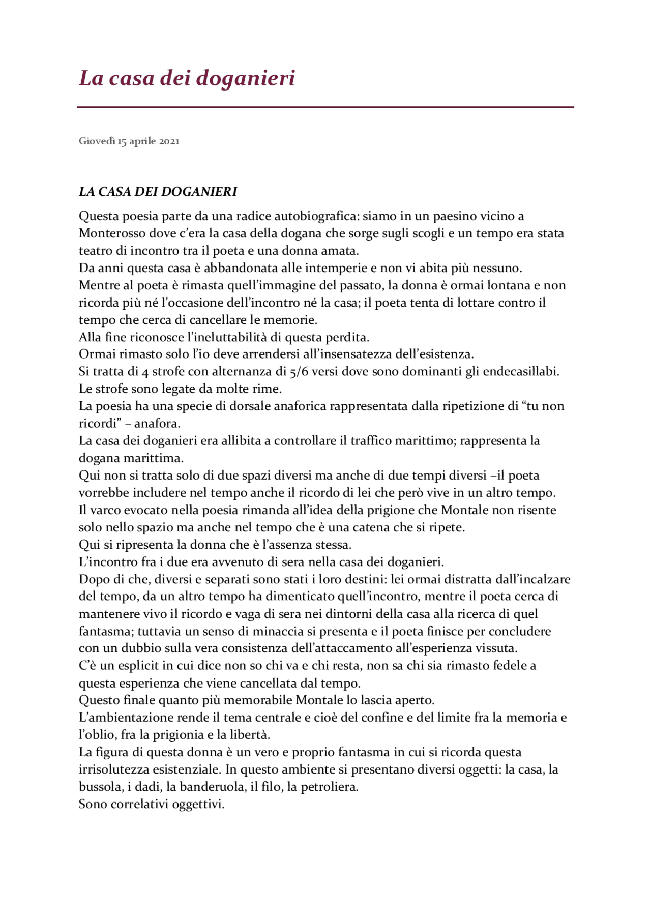 La casa dei Doganieri - Docsity