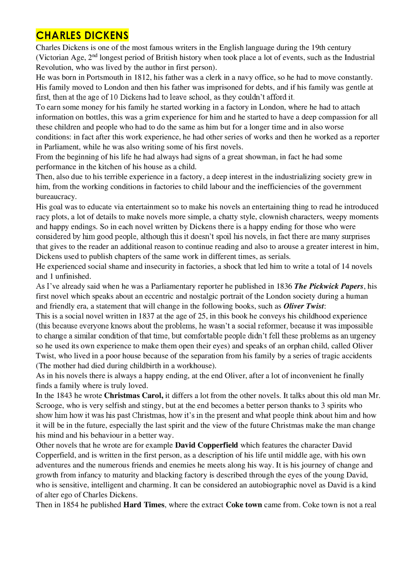 Charles Dickens, english version - Docsity