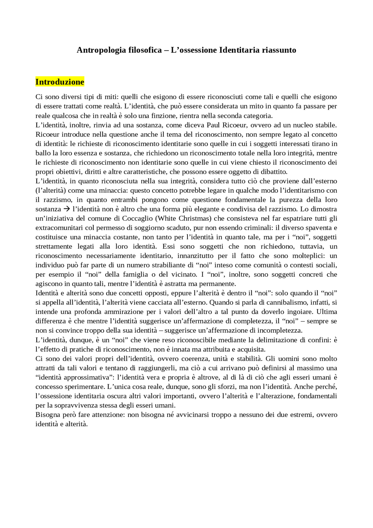 Lossessione Identitaria Riassunto Docsity