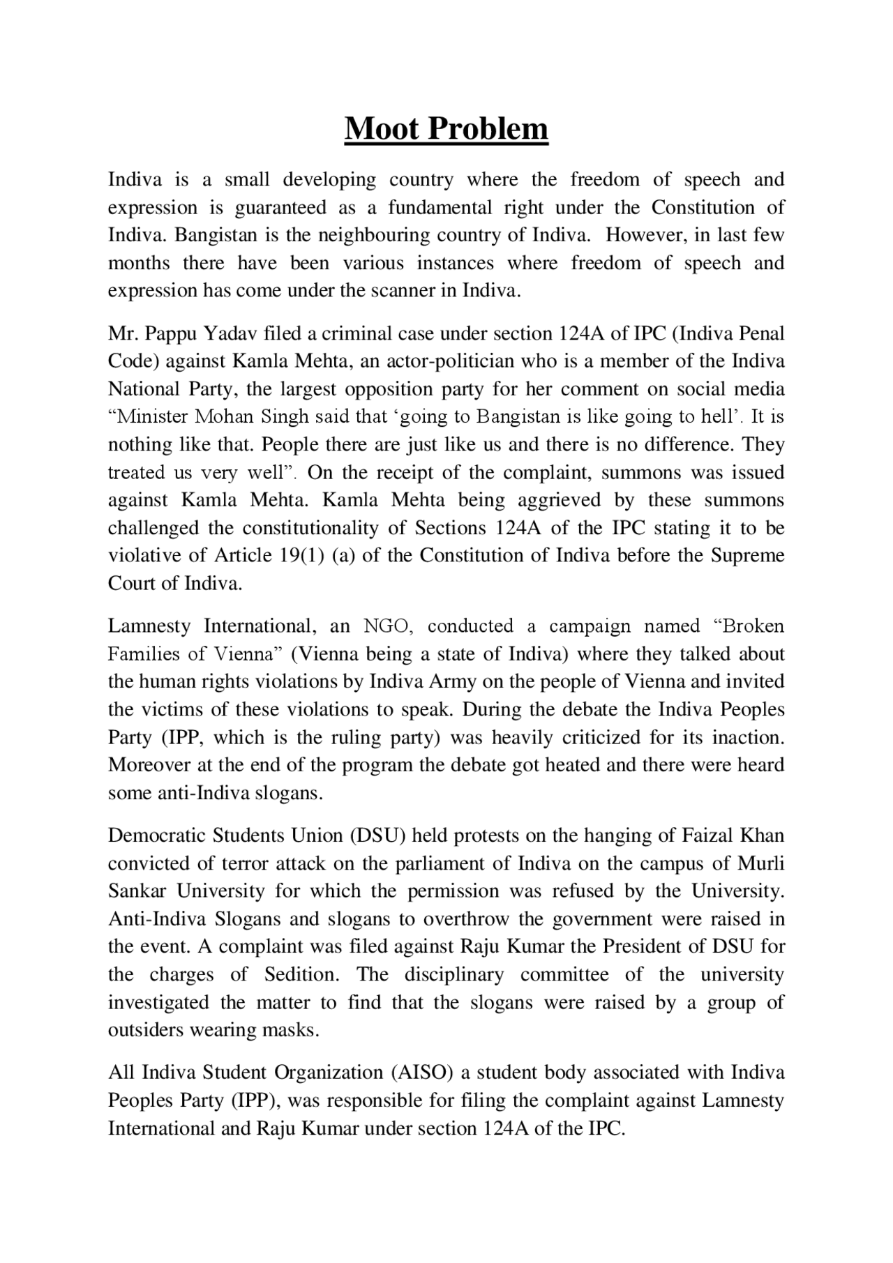 Intra moot court problem on criminal law sedition law - Docsity