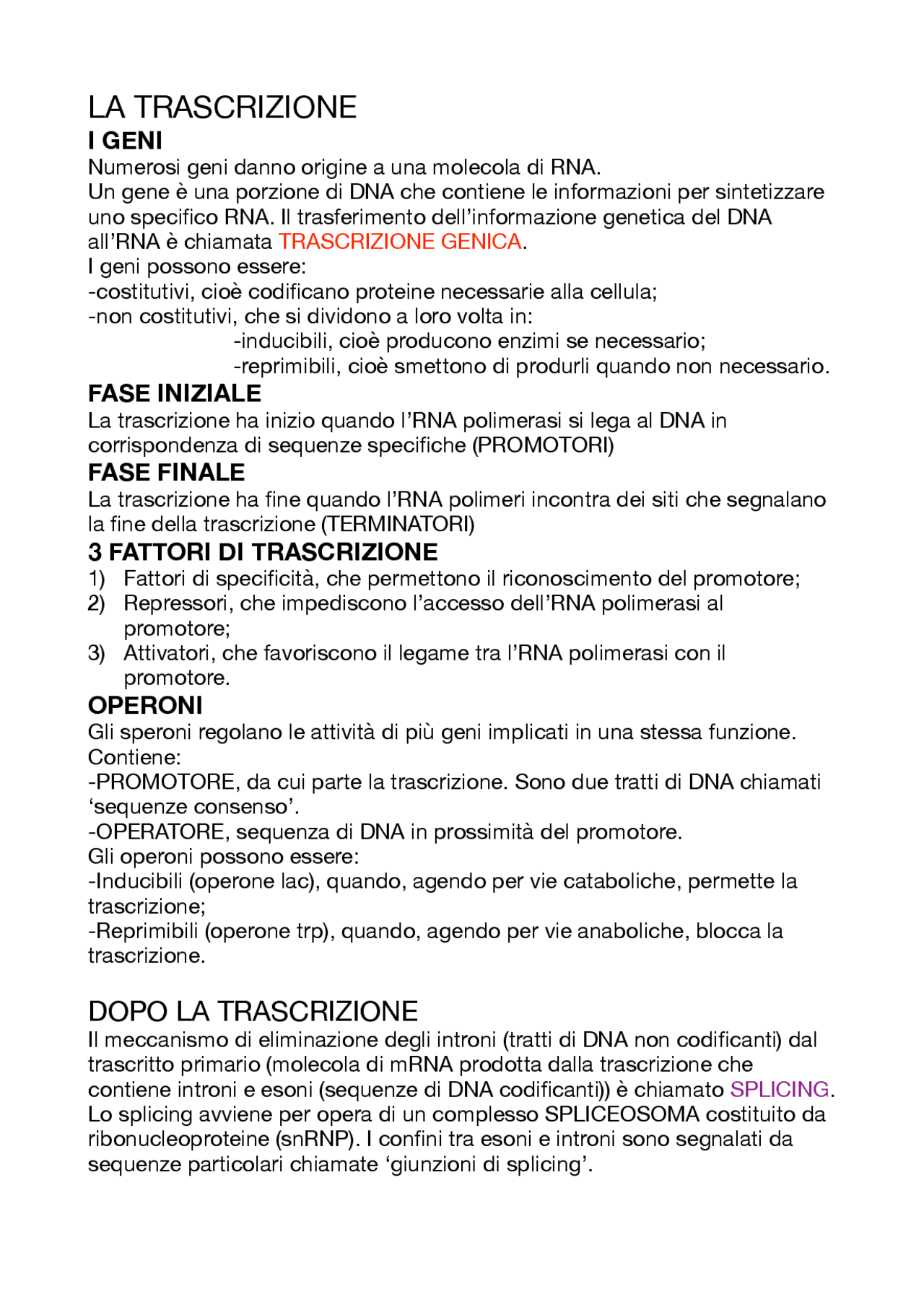 La trascrizione genica - Docsity