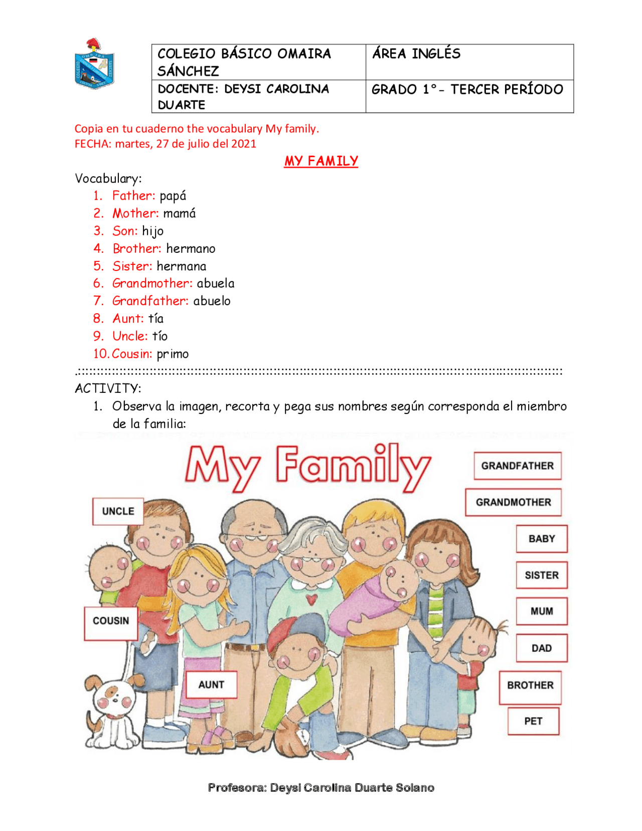 Archivo sobre vocabulario familia - Docsity