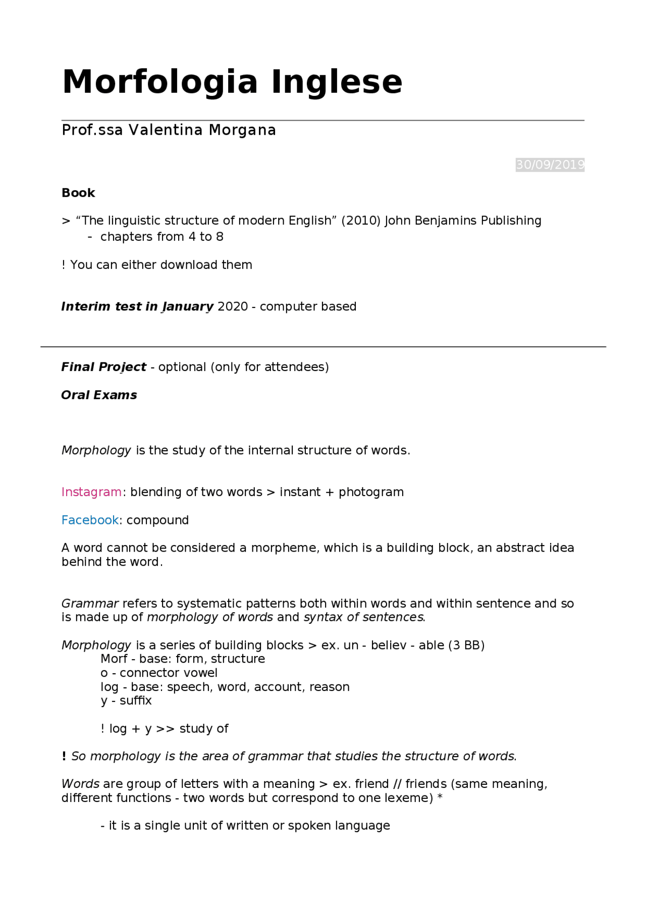 Morfologia inglese 1 | Appunti di Morfologia e Sintassi | Docsity